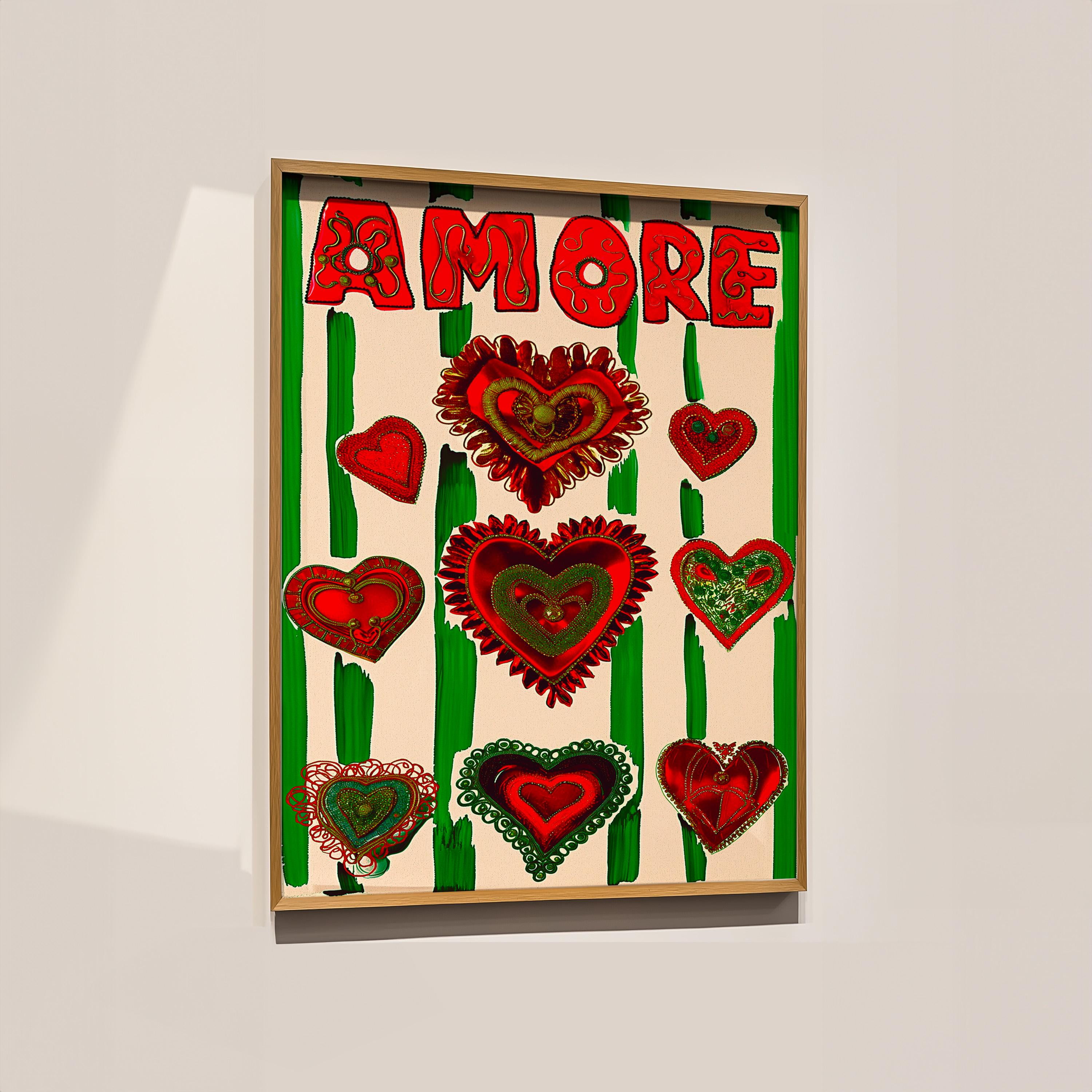 369 Prints amore Wall Art Print, Maximalist Red Heart Print With Green ...