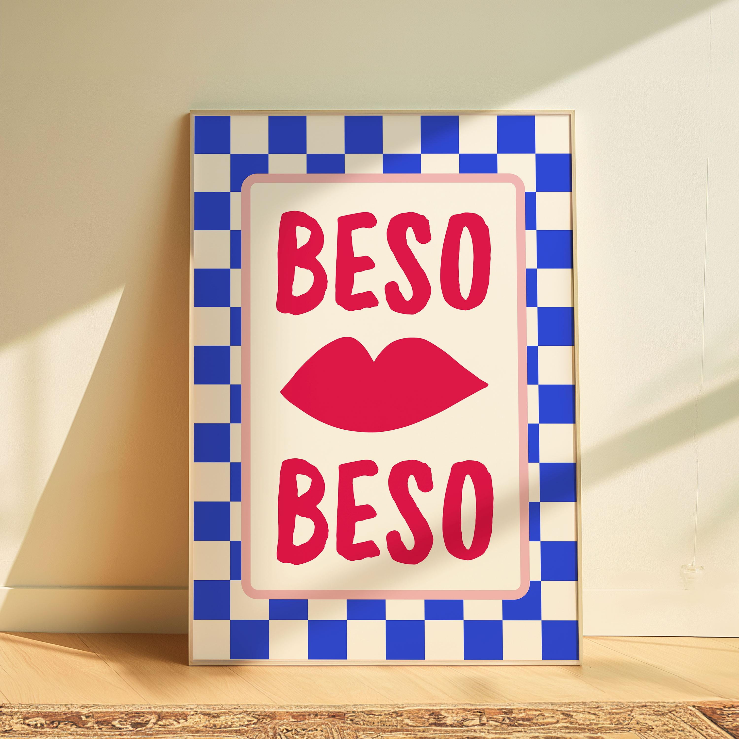 369 Prints blue And Red Spanish Quote Wall Art Retro Beso Beso Poster ...