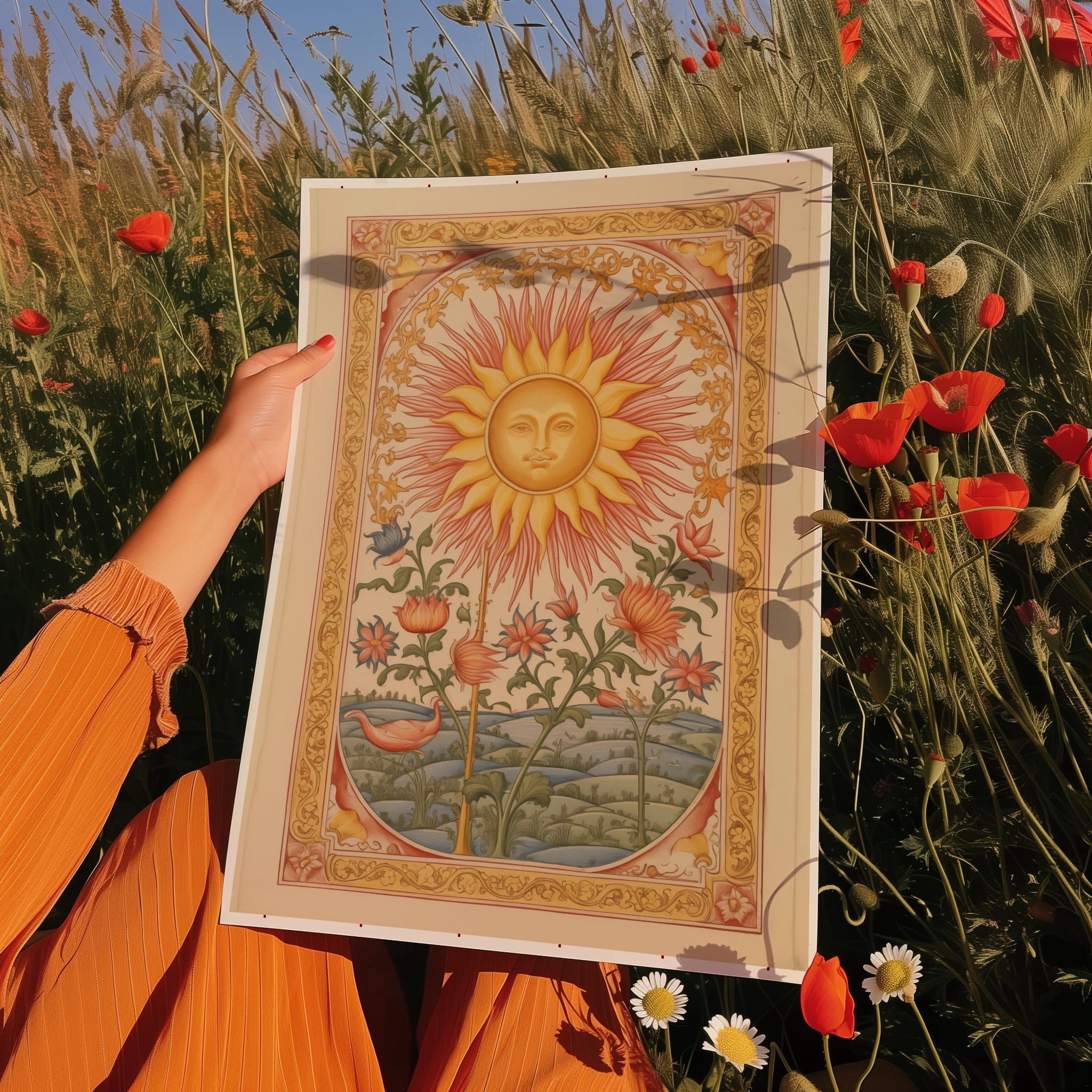 369 Prints boho Wall Art Folk Poster Sun Tarot Print Beige Wall Art ...