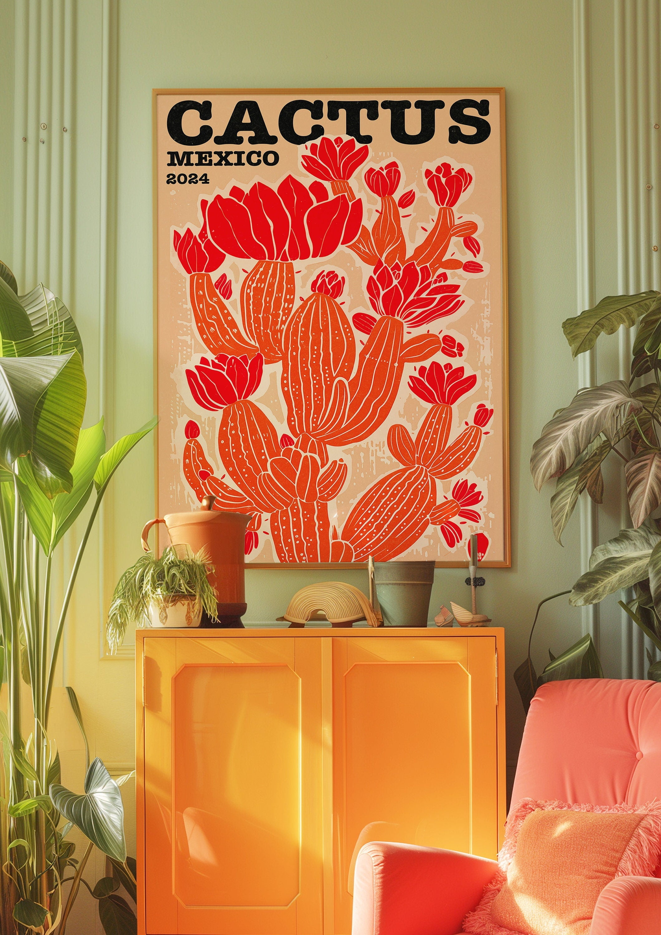369 Prints cactus Poster, 70S Wall Print, Red Wall Art, Flower Poster ...