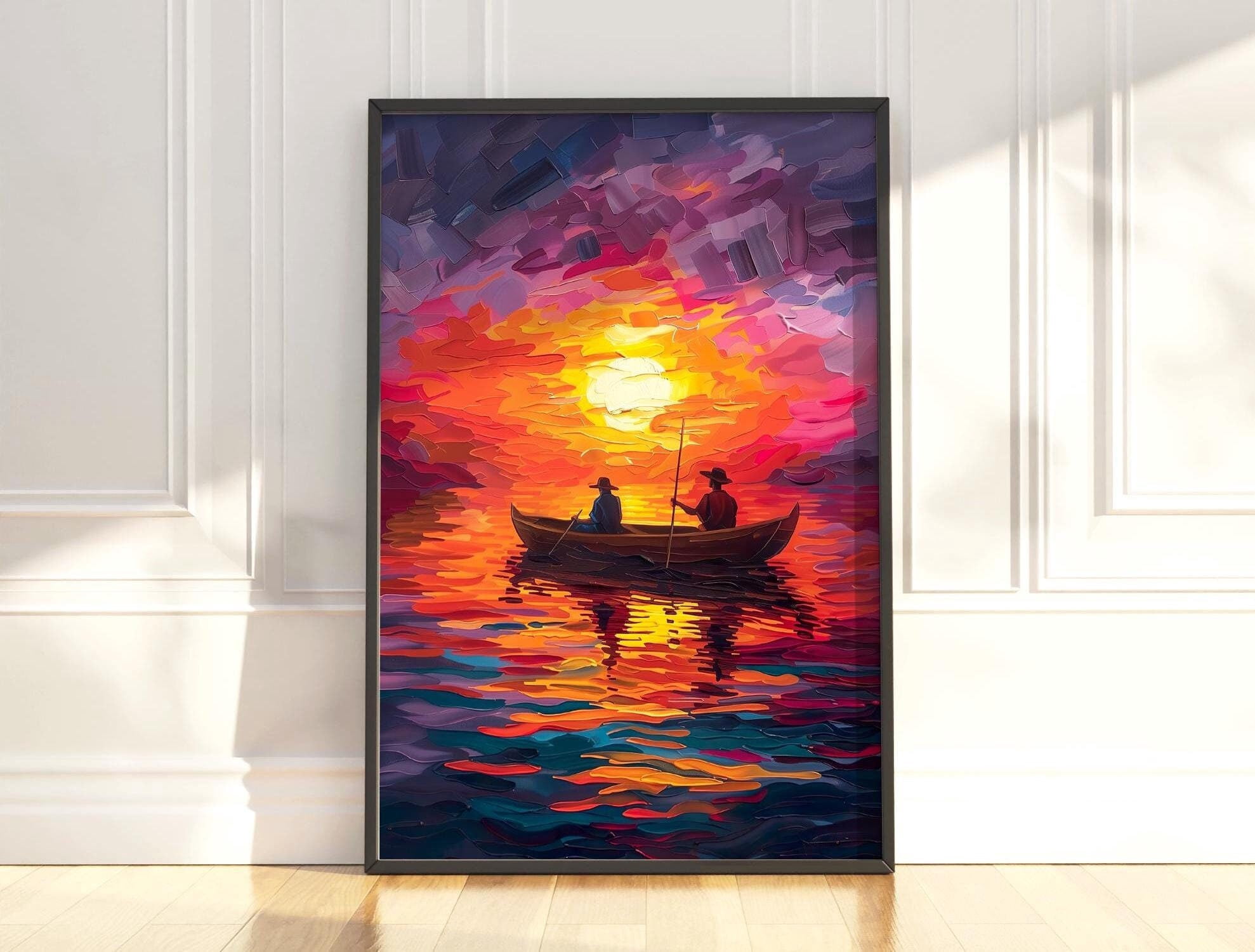 369 Prints colourful Boat Impasto Fishermen In Canoe At Sunset Boat ...