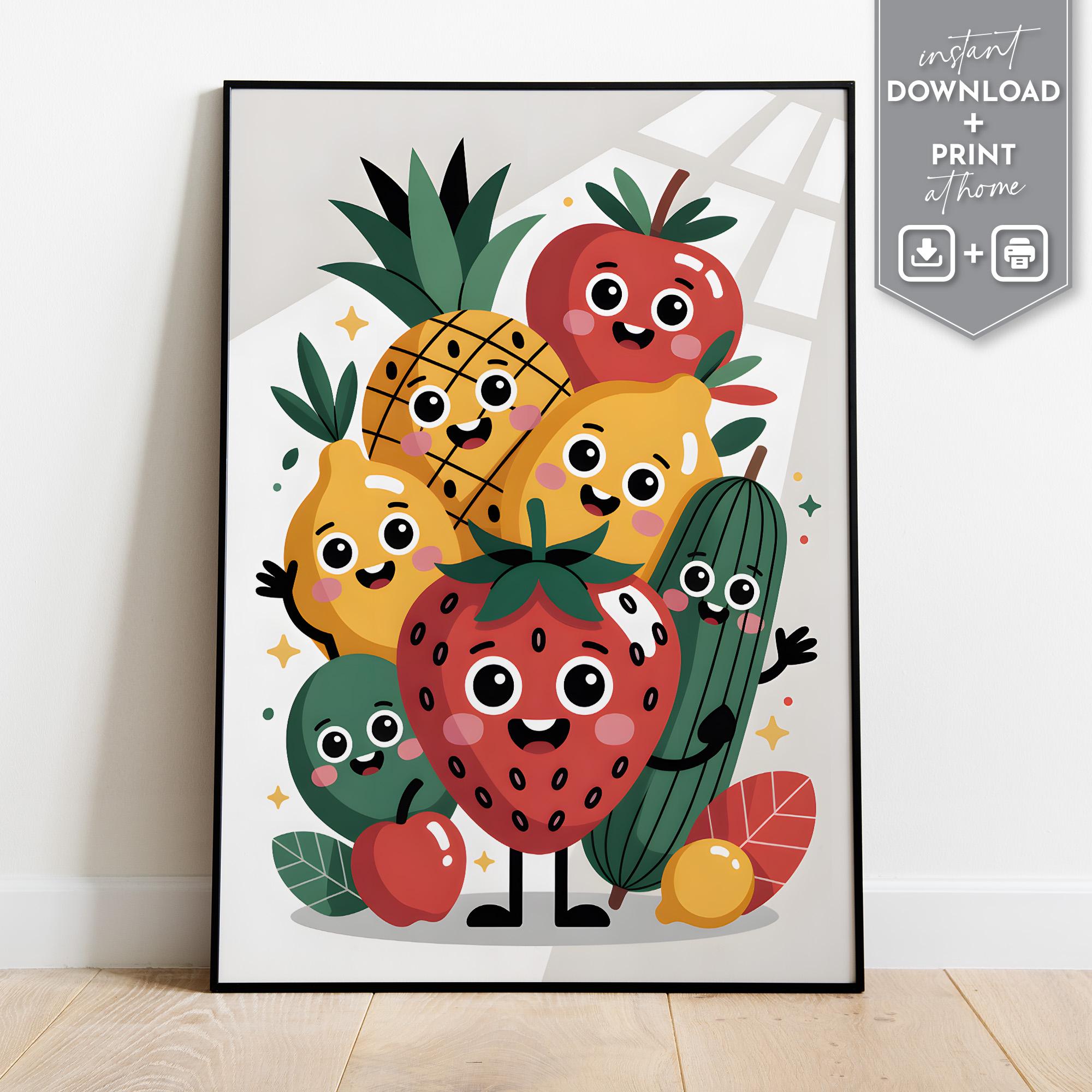 369 Prints cute Fruit Friends Wall Art, Kawaii Kitchen Decor, Happy ...