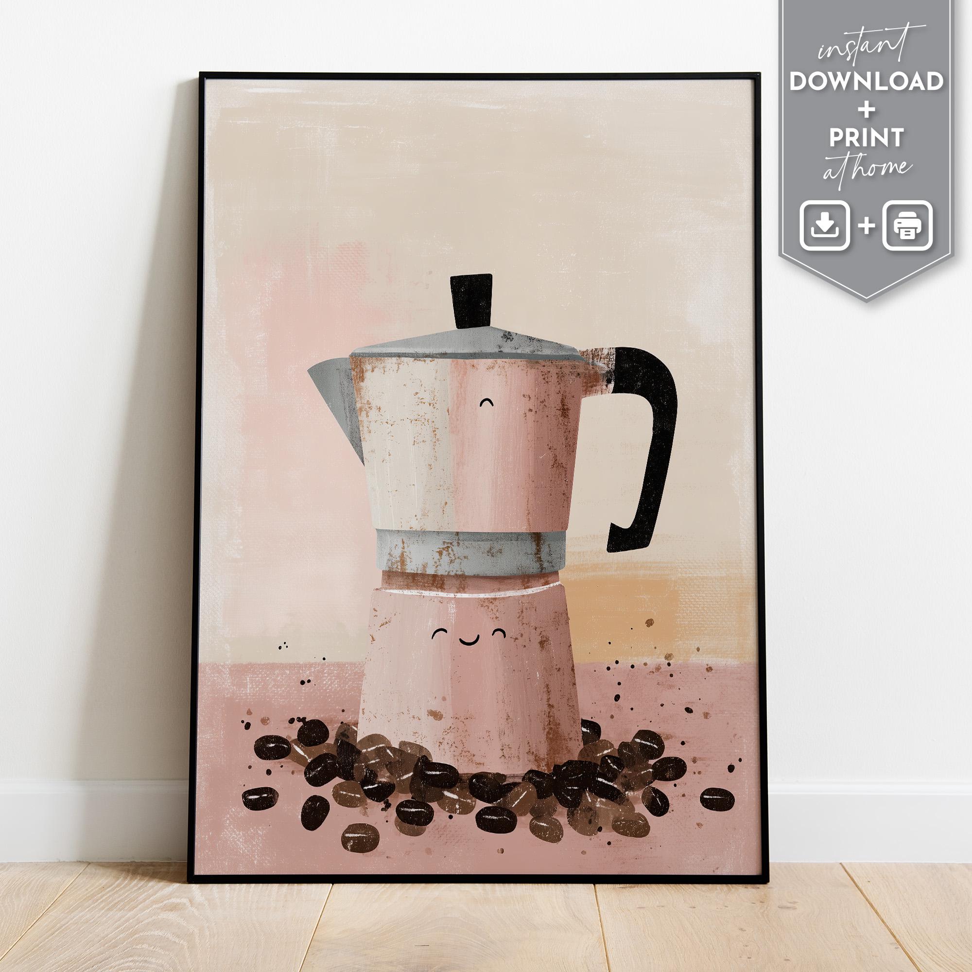 369 Prints cute Moka Pot Coffee Wall Art Print With Smiling Espresso ...