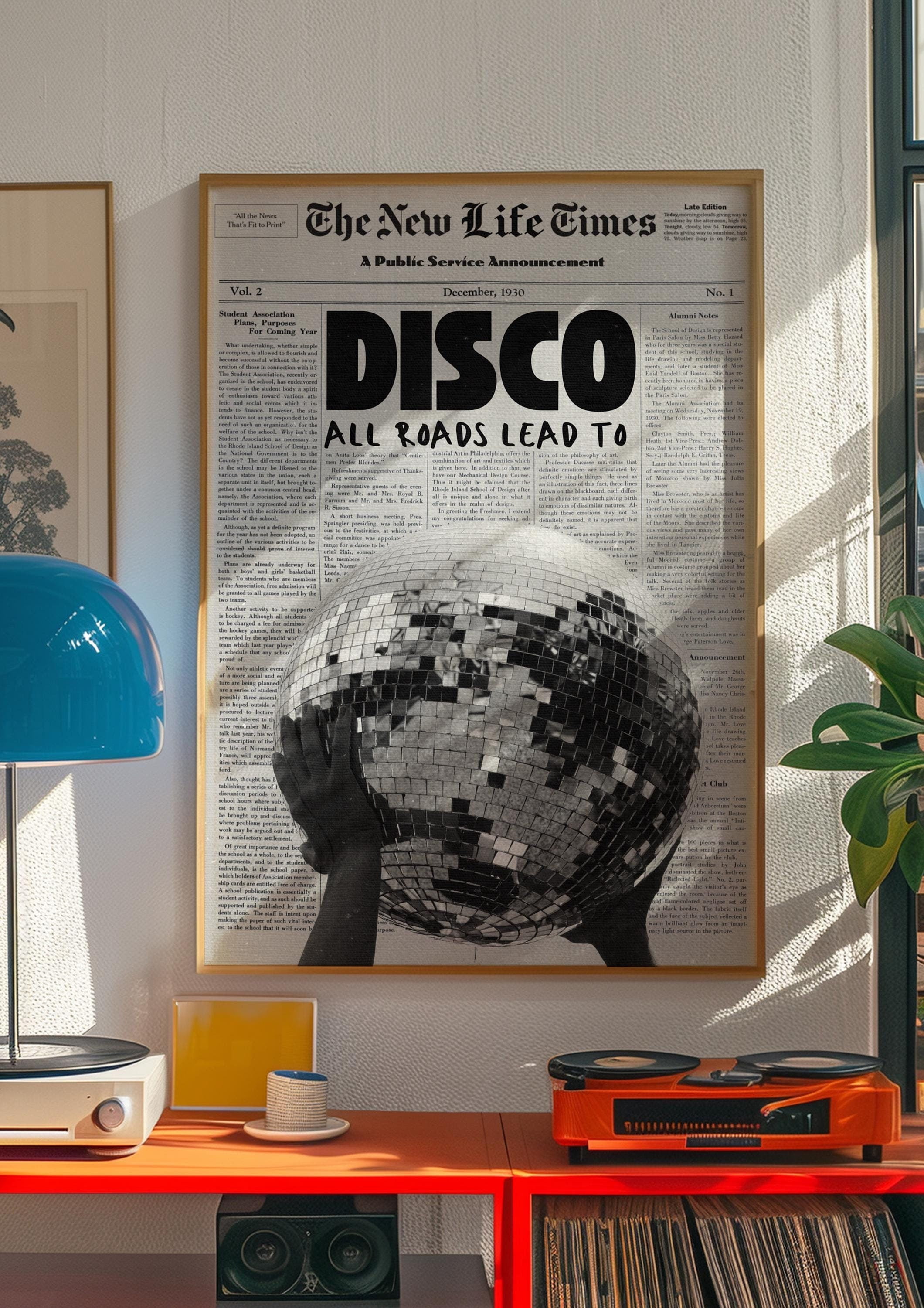369 Prints disco Ball Print, Black Wall Art, Mirrorball Poster, Retro ...