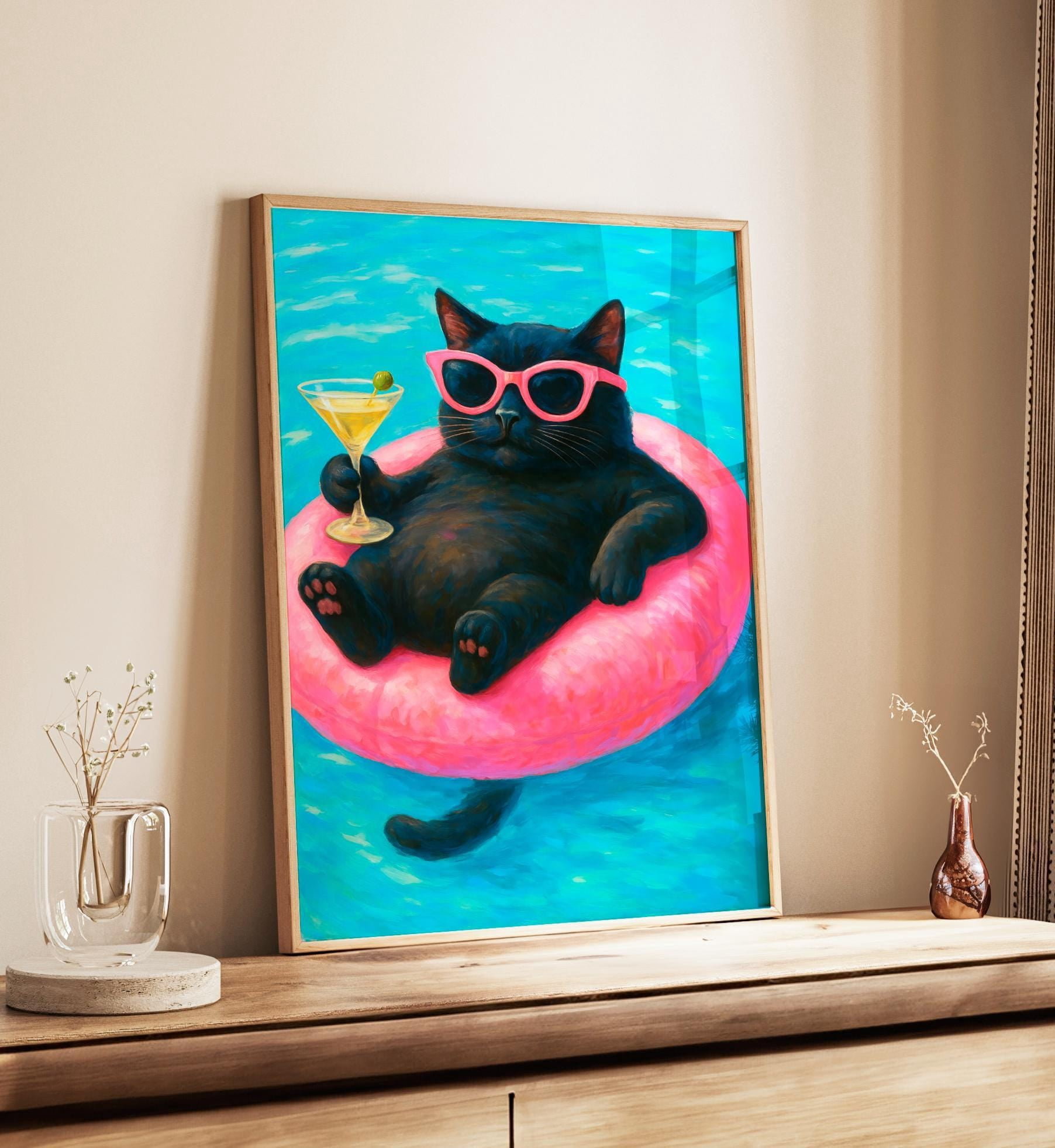 369 Prints funny Black Cat Martini Print, Summer Pool Cat Pink Float ...