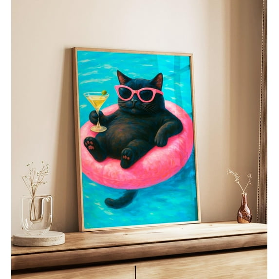 369 Prints funny Black Cat Martini Print, Summer Pool Cat Pink Float ...