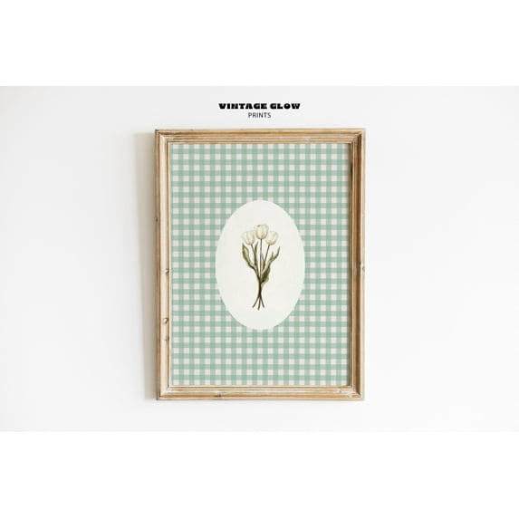 369 Prints green Gingham Floral Print | White Tulips | Vintage Style ...
