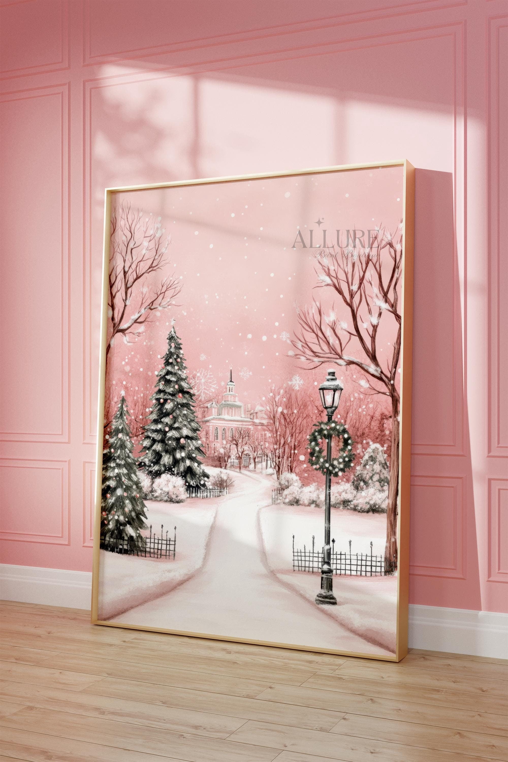 369 Prints pink Winter Village Print, Snowy Town, Girly Holidays Poster ...