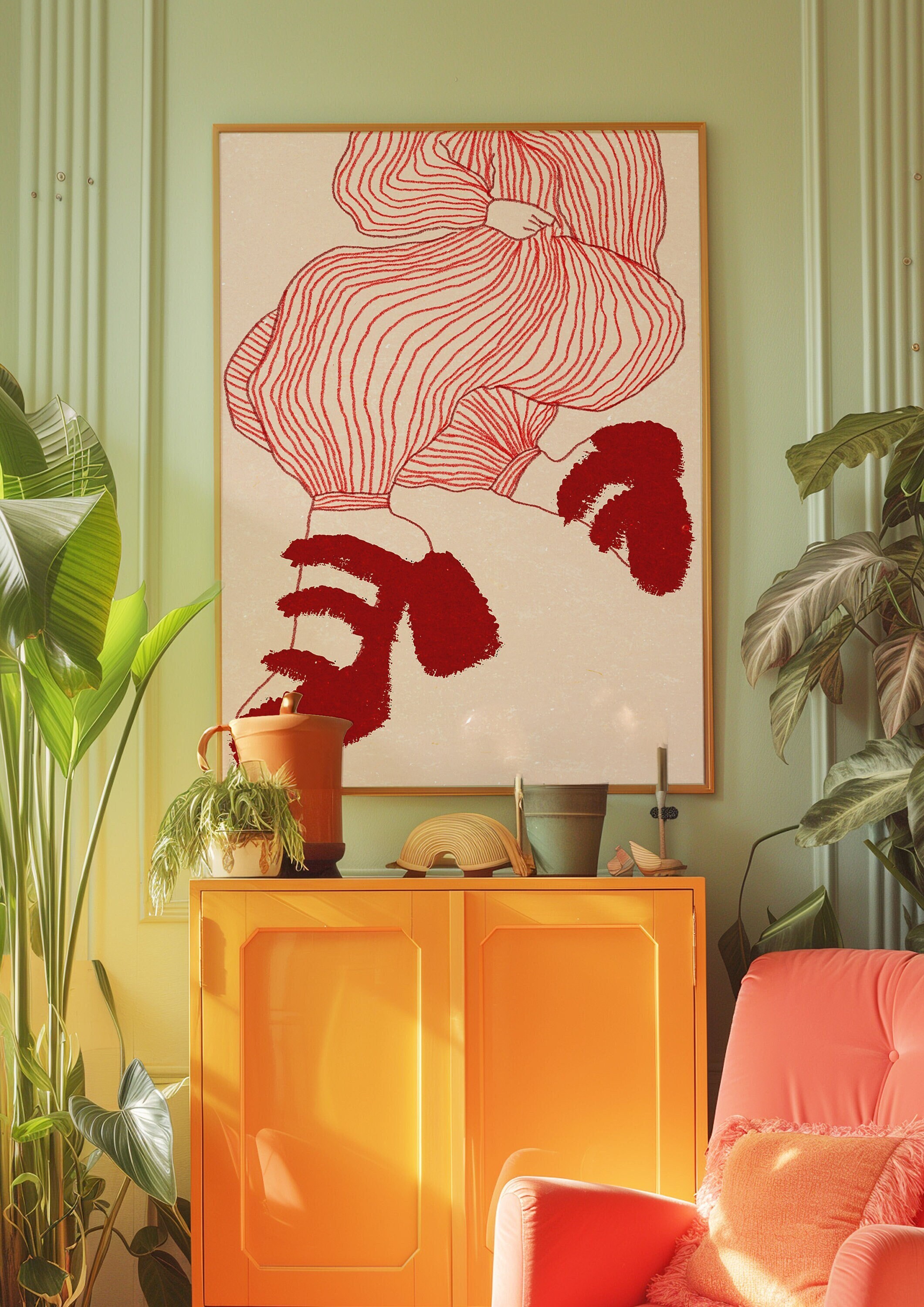 369 Prints red Line Art Poster, 70S Wall Print, Red Wall Art, Trendy ...