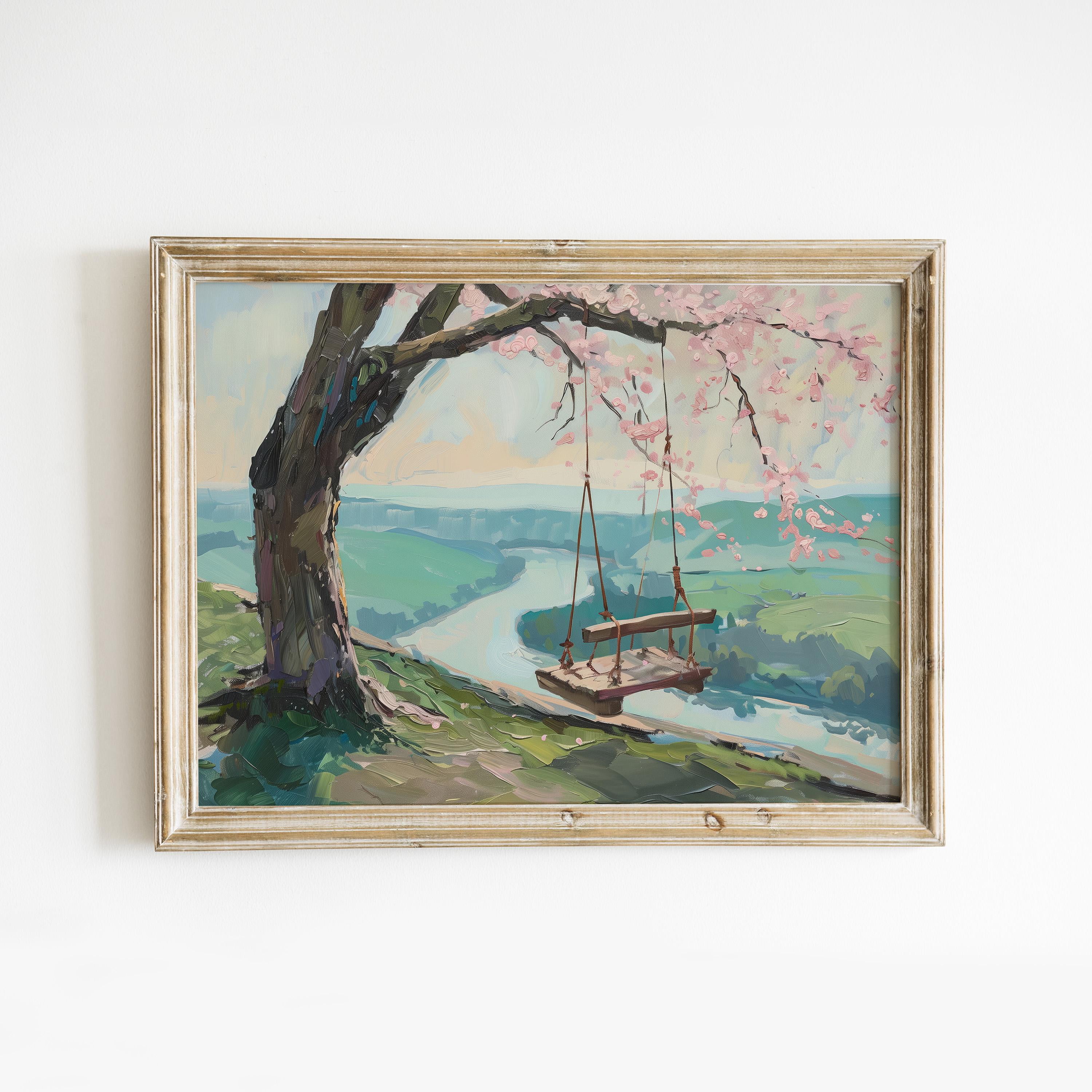 369 Printscherry Blossom Tree & Swing On The Cliff Wall Art, Trendy ...