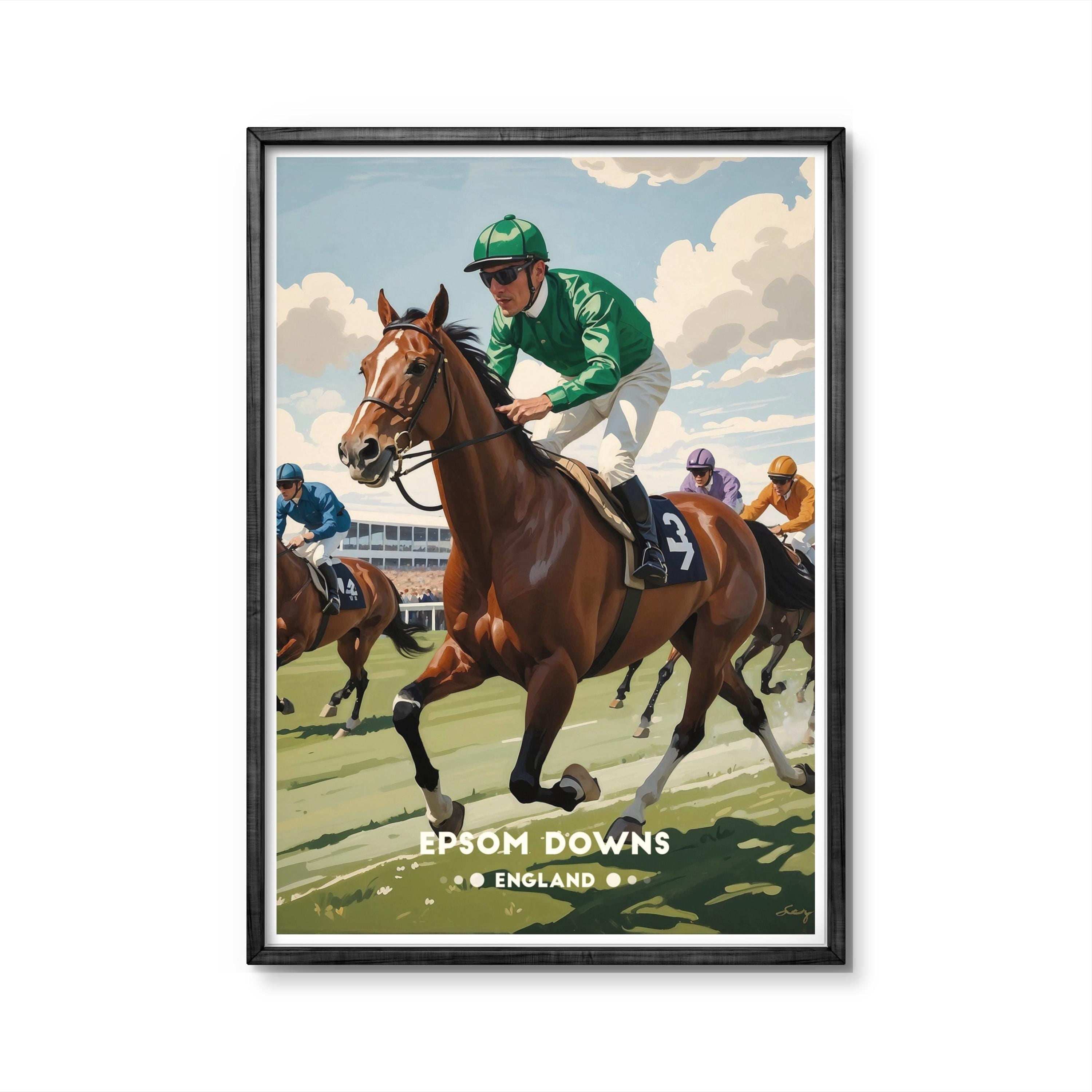 369 Prints epsom Downs England Vintage Poster | Horse Racing Scene With Jockey And Crowd | Retro ...