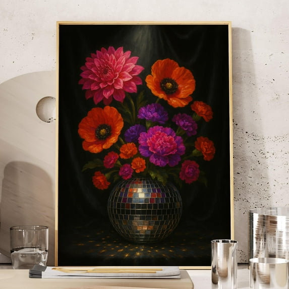 369 Prints moody Floral Disco Ball Still Life Print, Maximalist Eclectic Vase Flowers Art For ...