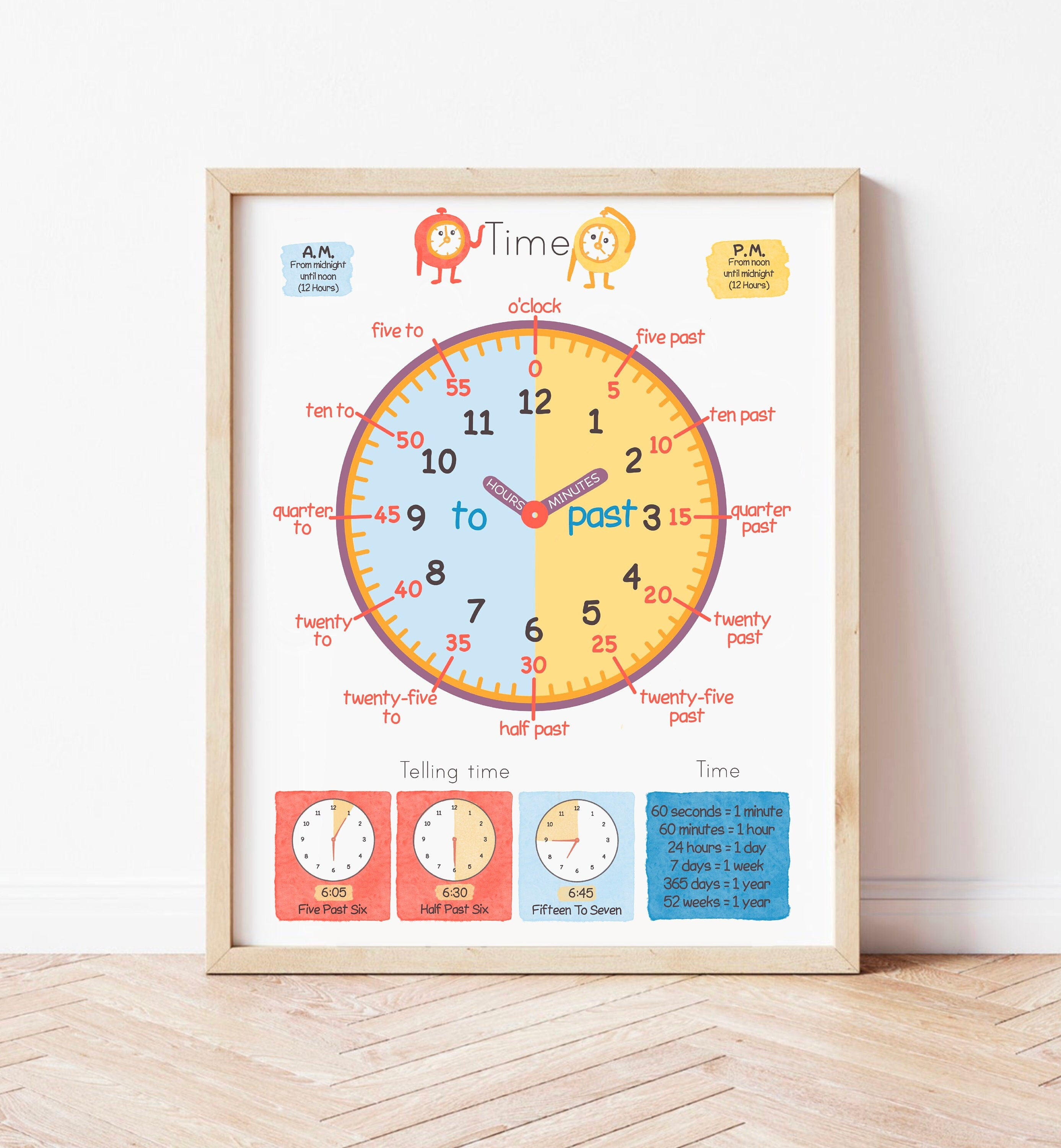 369 Prints telling Time Poster Playroom Rainbow Decor Learning Clock ...