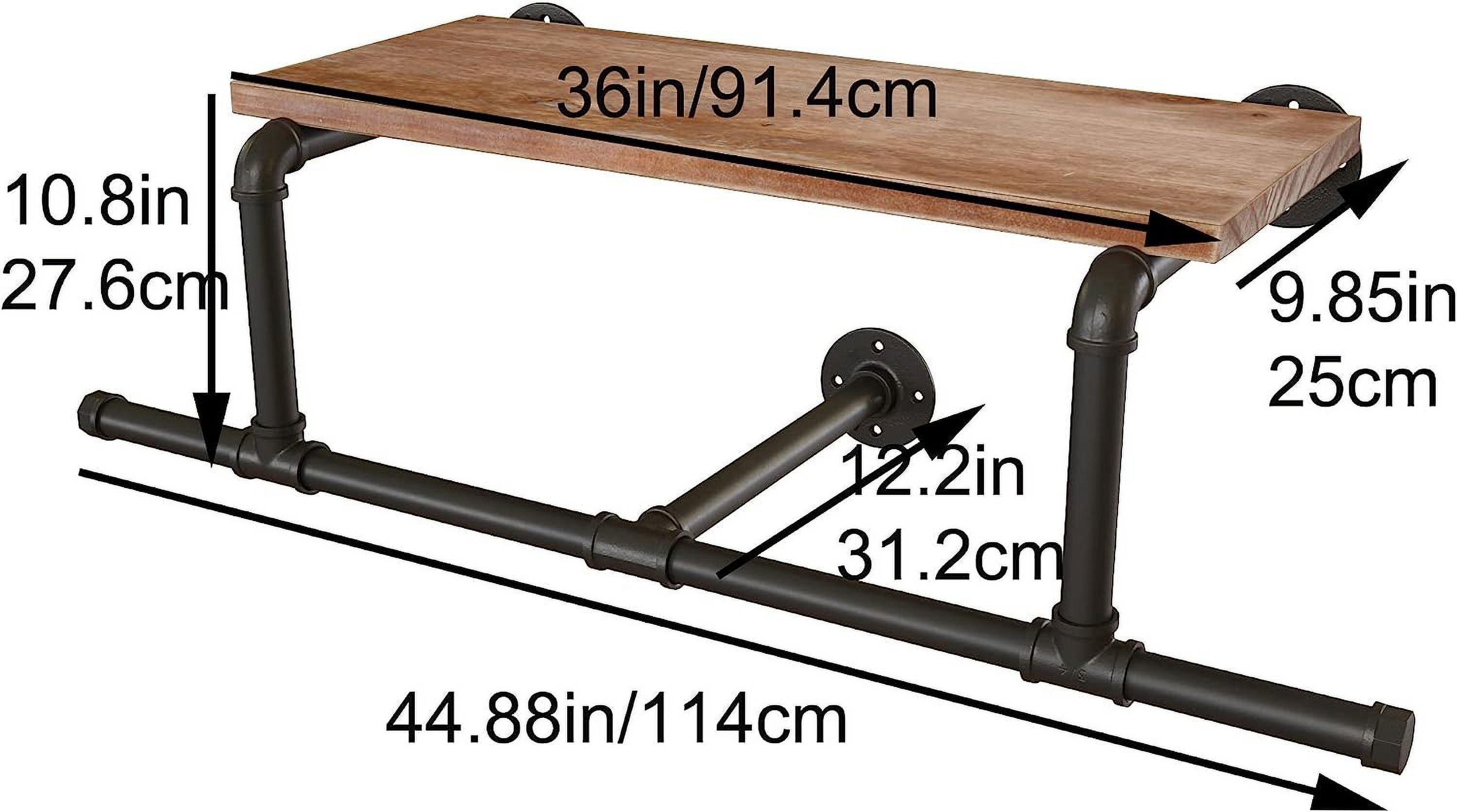 36In Industrial Pipe Clothing Rack with Top Shelf, Space-Saving Wall ...