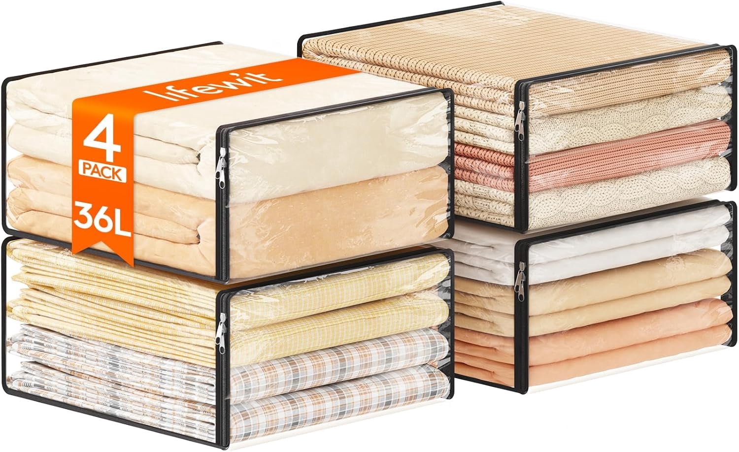 36L Clear Sheet Storage Bags with Zipper 4 Pack, Plastic Sweater ...