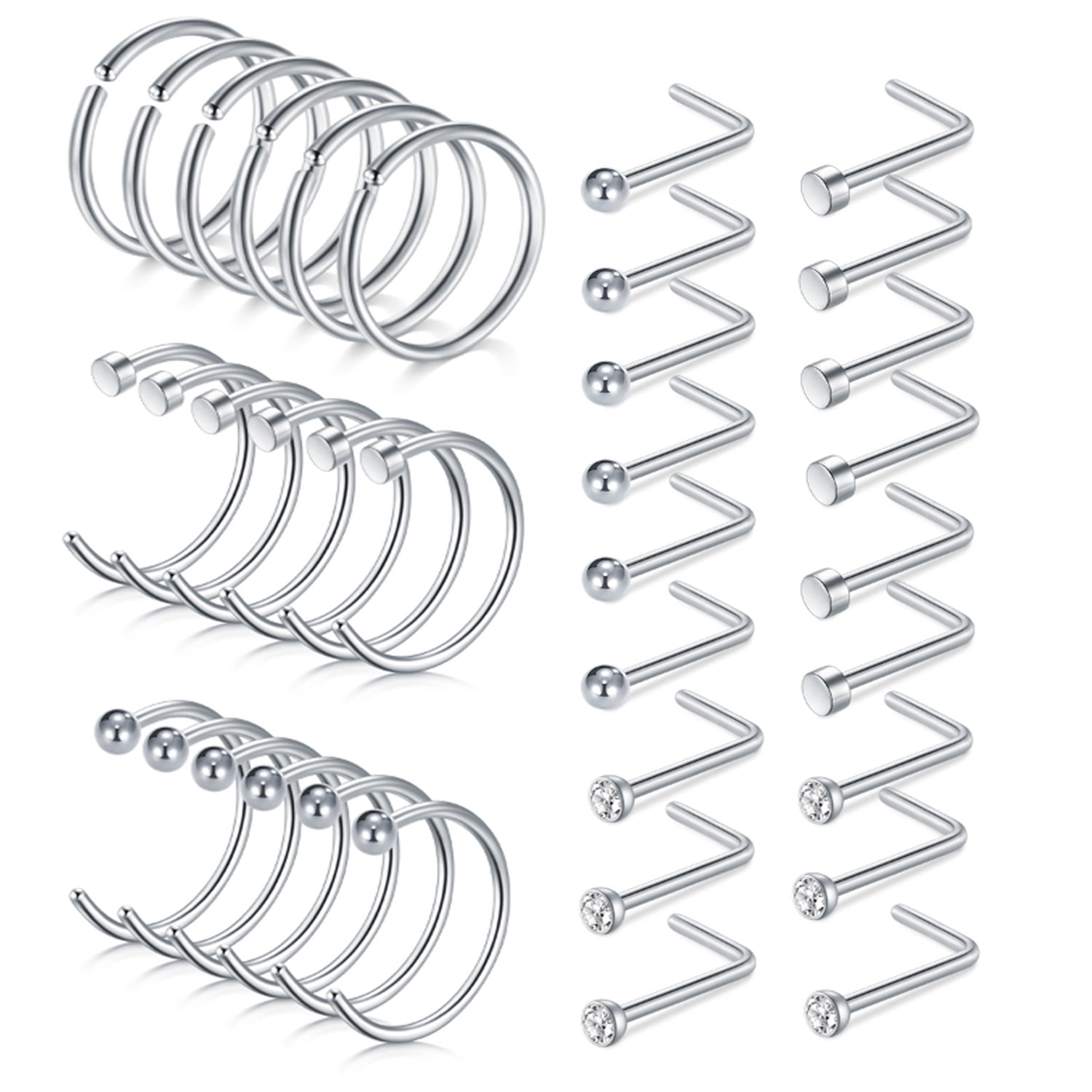 36PCS 20G Nose Rings Studs Surgical Stainless Steel Nose Rings Hoops L ...