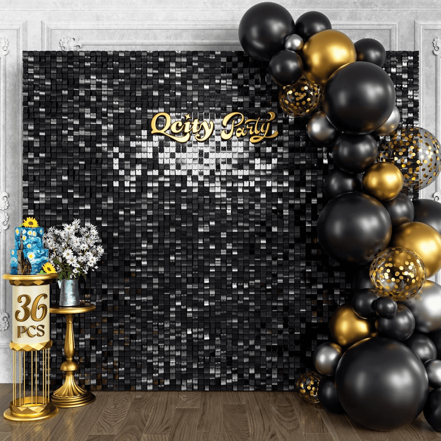 36PCS Black Shimmer Wall Backdrop Sparkling Sequin Panels for Parties ...