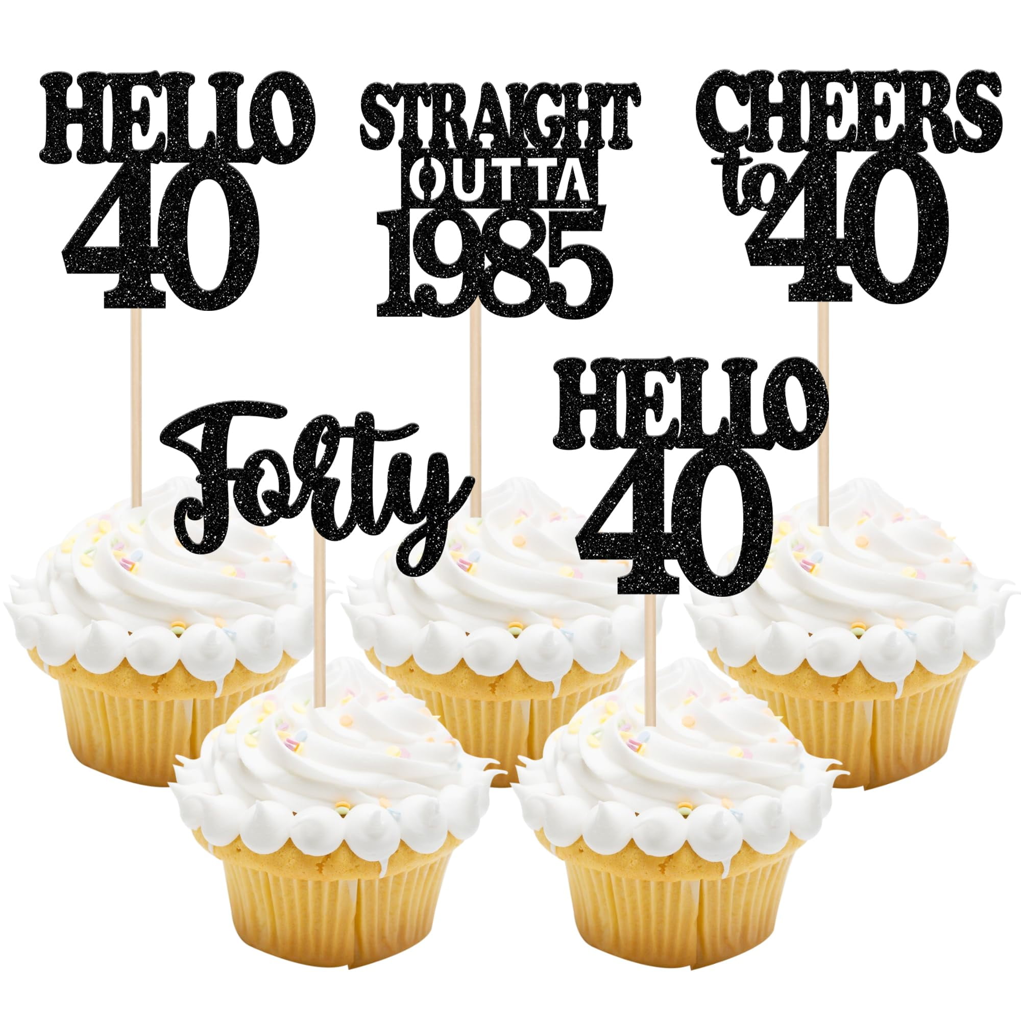36PCS Happy 40th Birthday Cupcake Toppers Black Glitter Forty Straight ...