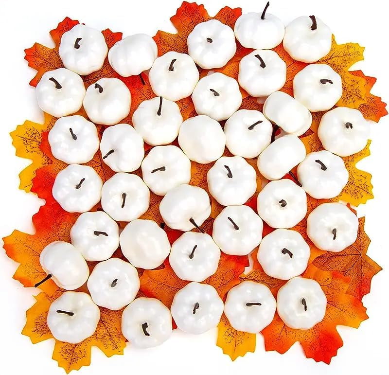 36PCS Mini White Pumpkins with 100PCS Fake Maple Leaves for Decoration ...
