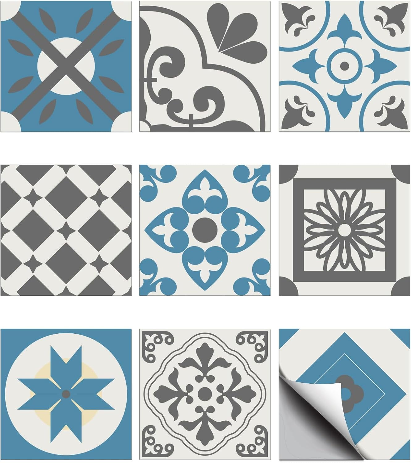 36PCS Portuguese Style Tile Stickers Blue Grey Geometric Shape Wall ...