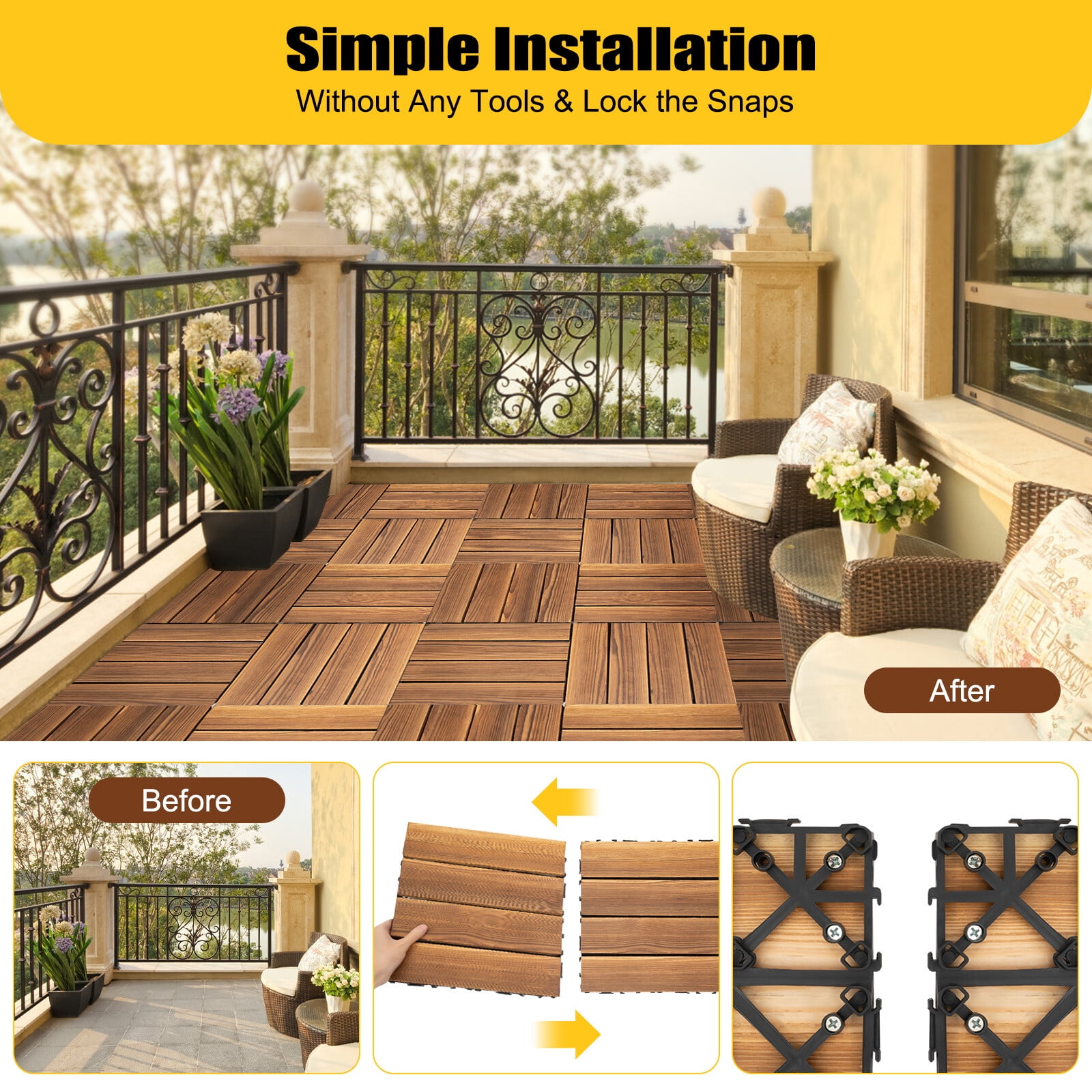 36Pcs 12''x12'' Hardwood Interlocking Patio Deck Tiles Wood Flooring ...