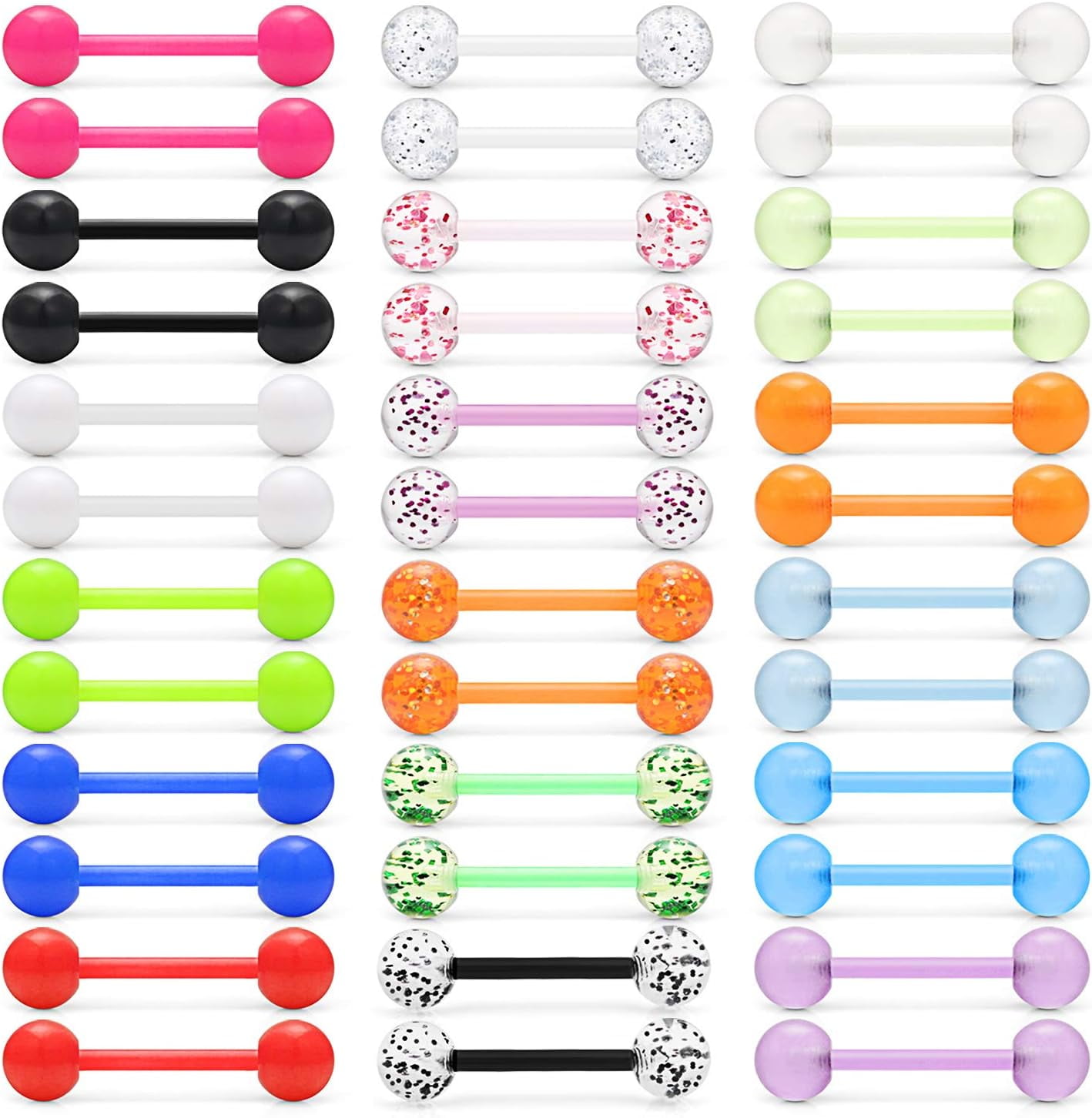 36Pcs 14G Glow in Dark Flexible Bioflex Acrylic Straight Tongue Barbell ...