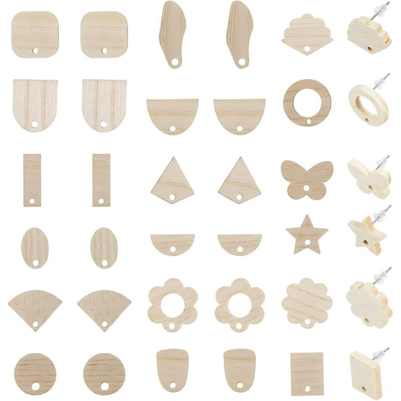 36Pcs 18Styles Ash Wood Stud Earring Findings with 304 Stainless Steel ...