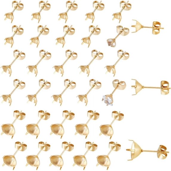 36Pcs 3 Size 304 Stainless Steel Stud Earring Finding 4 Claw Prong ...