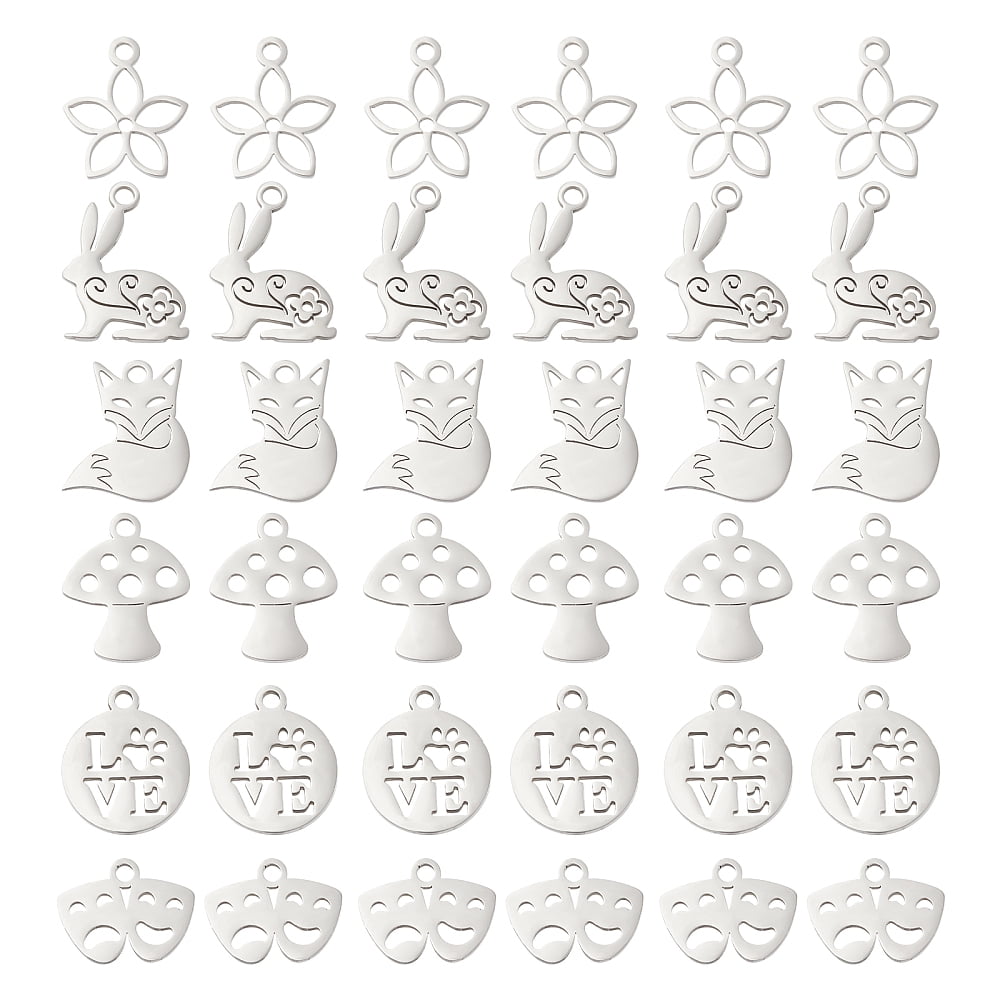 36Pcs 6 Style 201 Stainless Steel Charms Drama Mask & Flat Round & Fox ...
