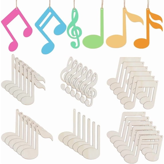 36Pcs 6 Styles Wood Musical Notes Crafts Unfinished Musical Notes Wood ...