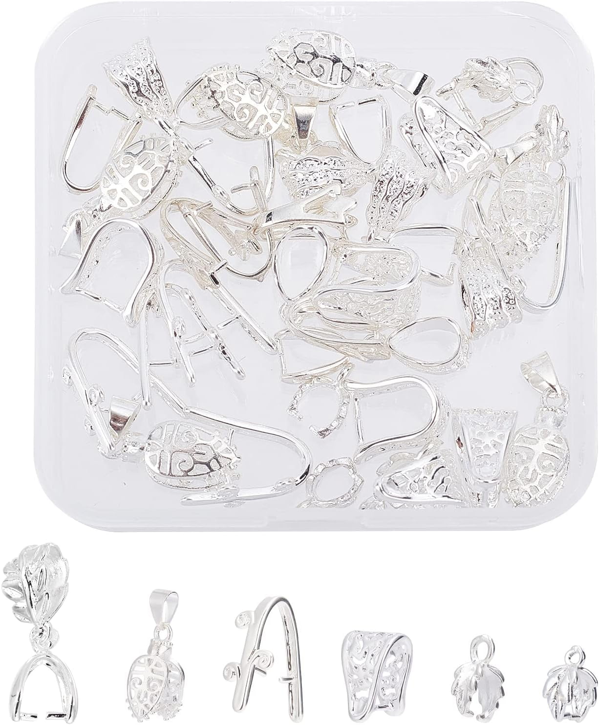 36Pcs Alloy Ice Pick Pinch Bails 6 Style Filigree Leaf Pinch Clip Bail ...