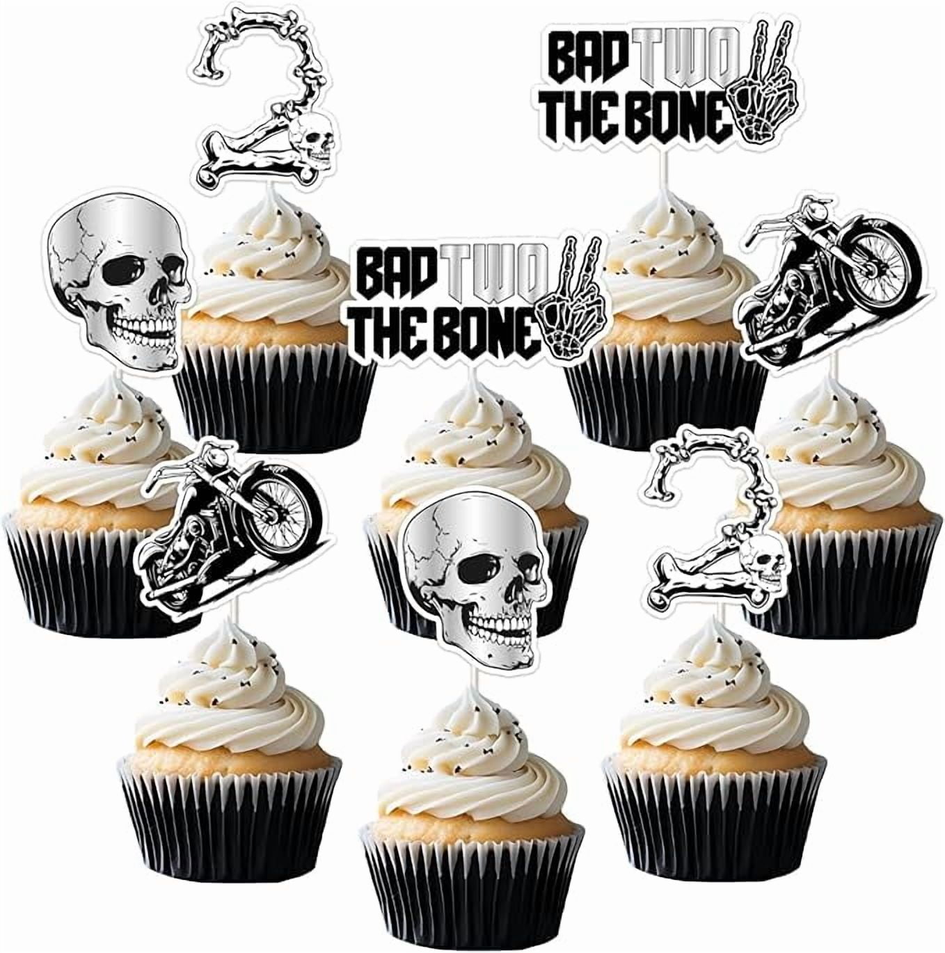 36Pcs Bad Two The Bone Cake Topper Rock Roll Motorcycle 2nd Birthday ...