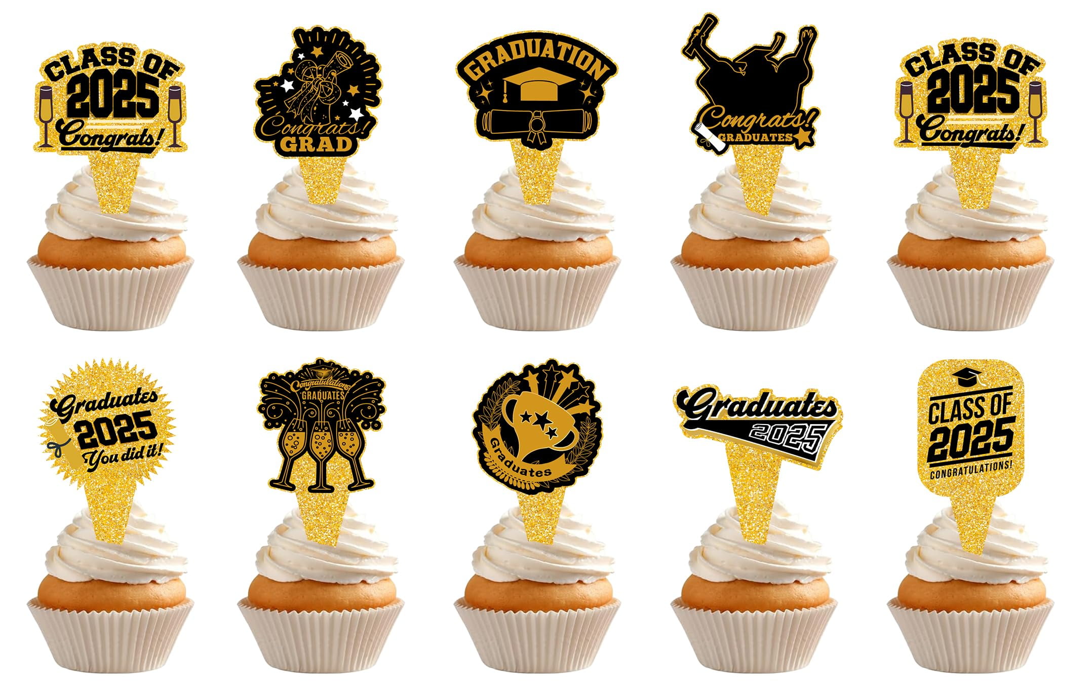 36Pcs Class of 2025 SSF20 Graduation Cupcake Toppers Black Gold ...