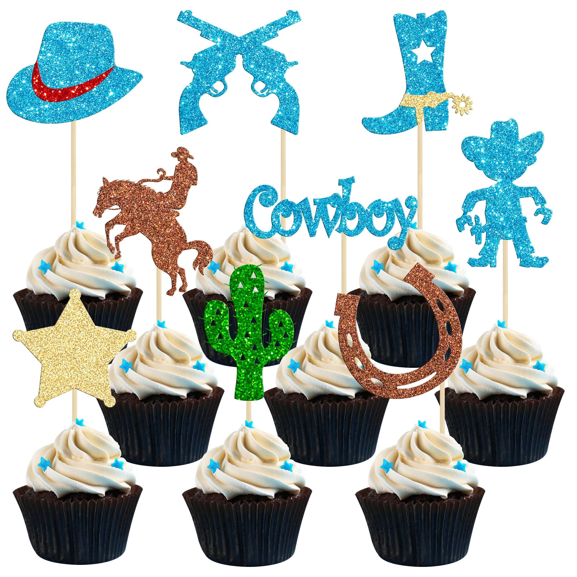 36Pcs Cowboy Cupcake Toppers Glitter HorseShoe Cowboy H2FSDHats Boots ...