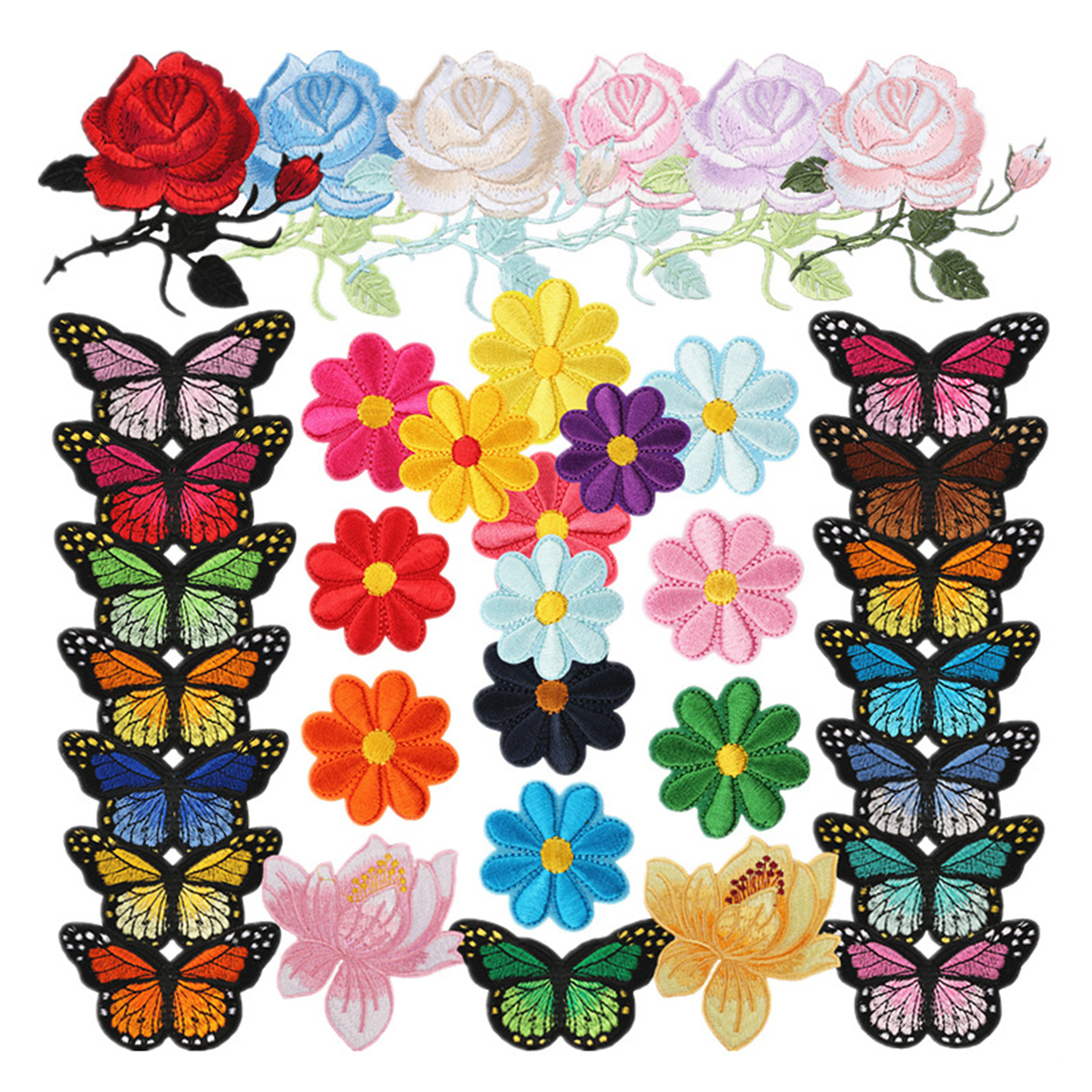 36Pcs Flowers Butterfly Embroidered Iron on Patches, Sunflower Rose ...