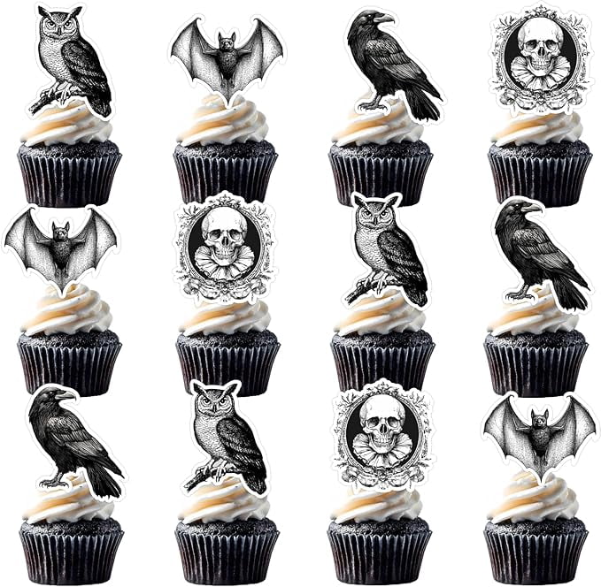 36Pcs Gothic Halloween Cupcake Toppers Ghost Skull Owl Bat Cake ...