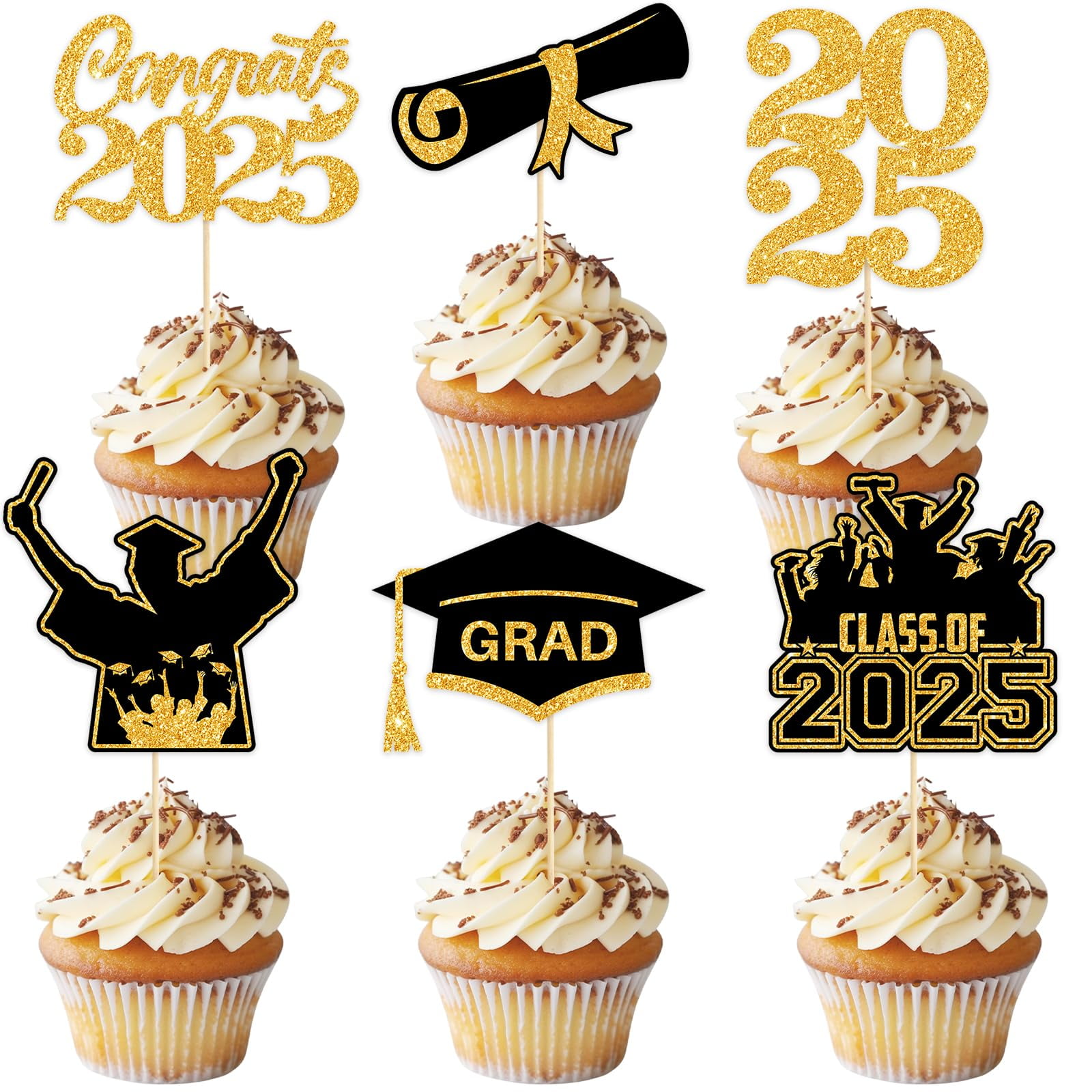 36Pcs Graduation Cupcake Toppers 2025, Black RST1 Gold Class of 2025 ...