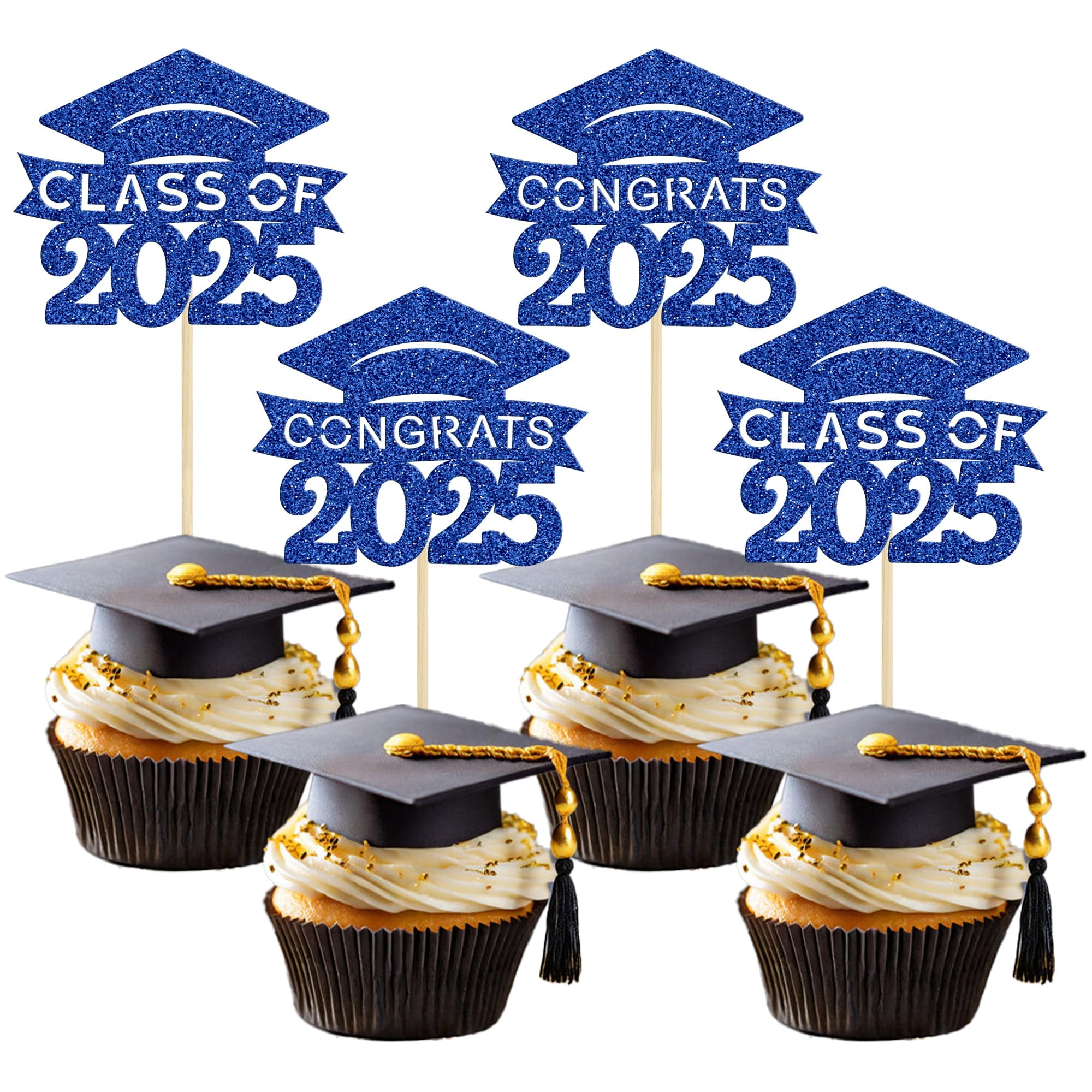 36Pcs Graduation Cupcake Toppers 2025 Deep Blue MDH1Glitter Class of ...