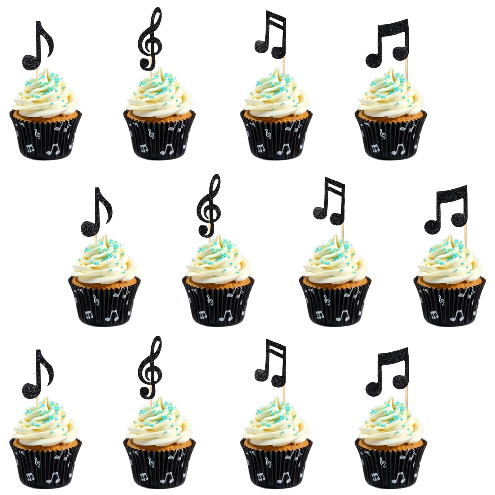 36Pcs Music Notes Cupcake Toppers, Black TVS1 Glitter Musical Symbols ...