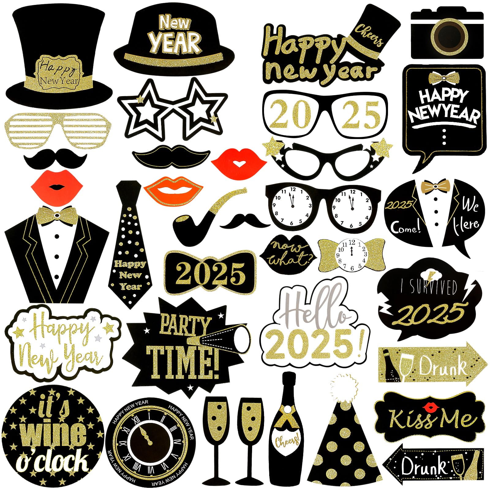 36Pcs New Years Eve Photo Booth Props 2025 Photo Booth Props, New Year ...