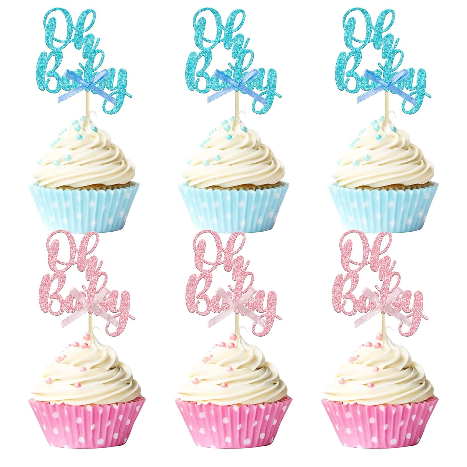 36Pcs Oh Baby Cupcake Toppers Pink Blue Bow Glitter Baby Shower Gender ...