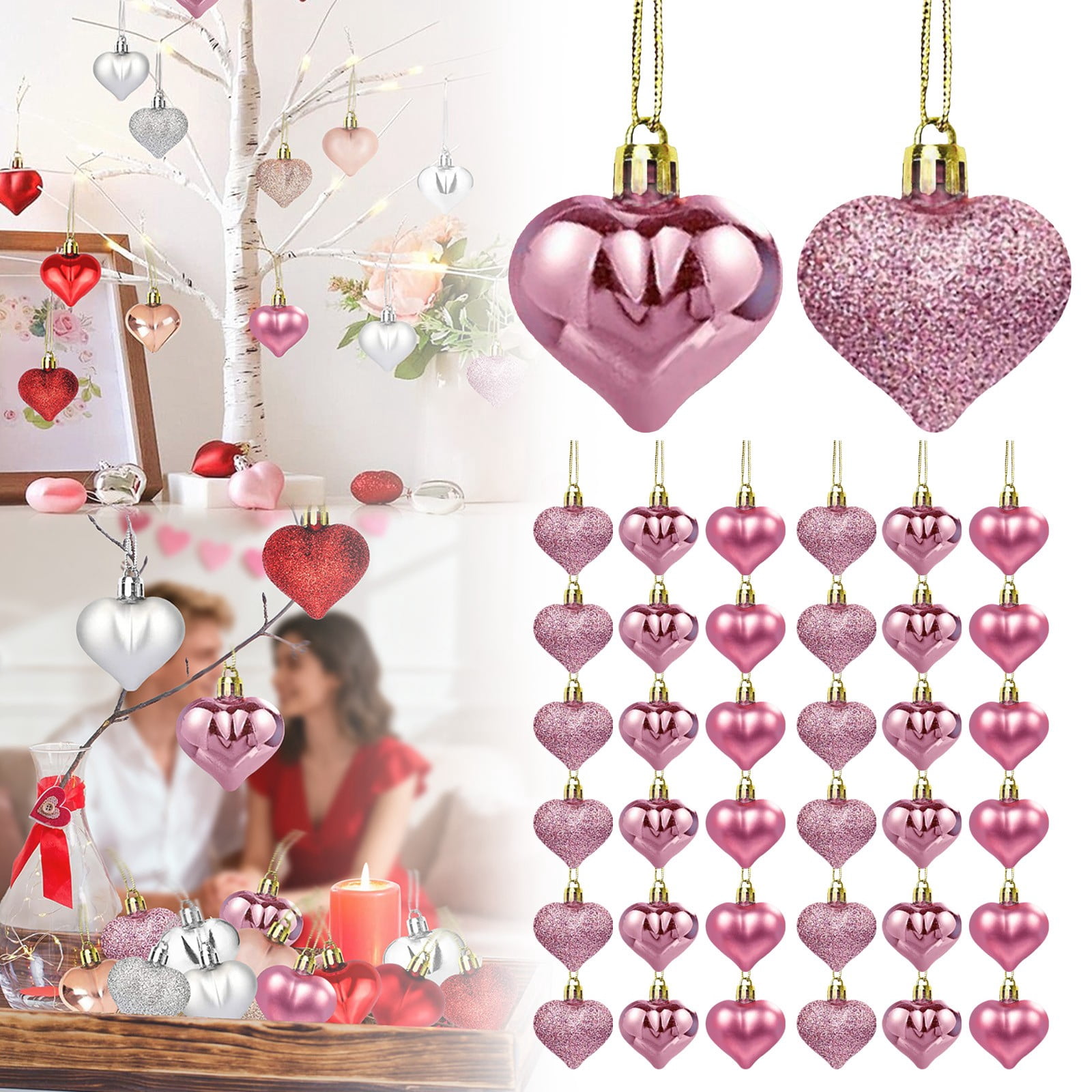 36Pcs Pink Heart Ornaments - Multi Finish Heart Baubles Hanging ...