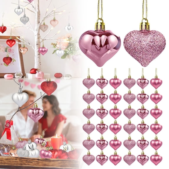 36Pcs Pink Heart Ornaments - Multi Finish Heart Baubles Hanging ...