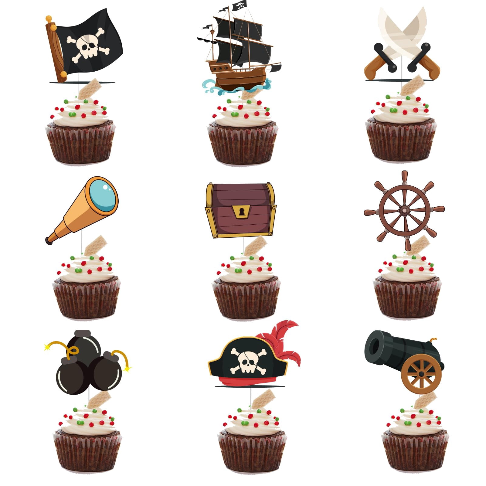 36Pcs Pirate Happy Birthday STF9 Cupcake Toppers Rudder Nautical ...