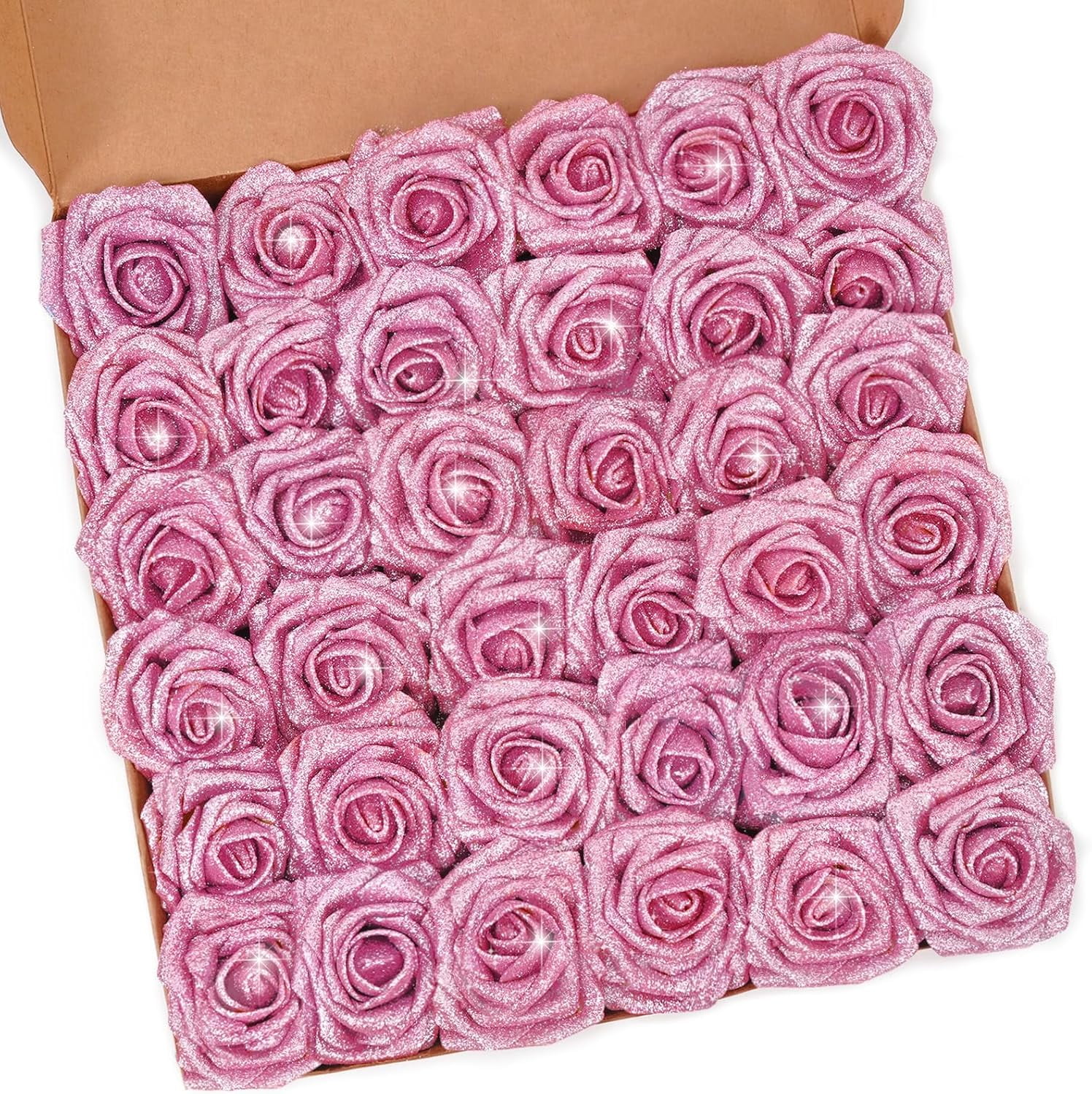 36Pcs Roses Artificial Flowers, Glitter Pink Roses Foam Flowers with ...