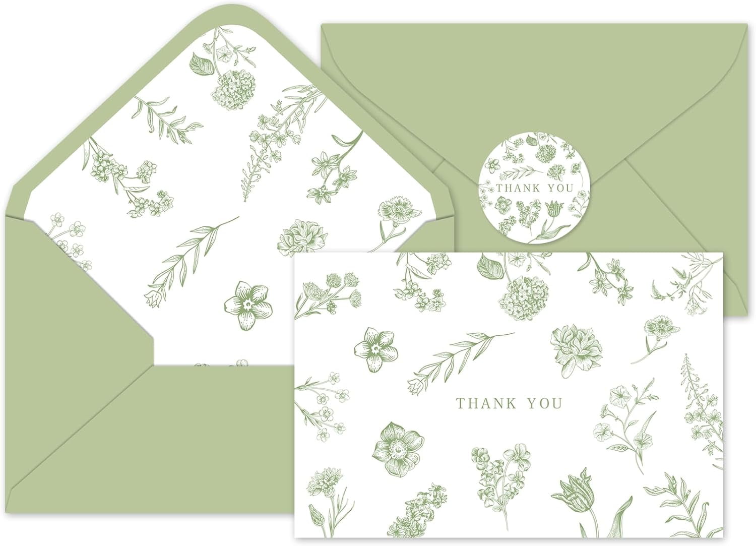 36Pcs Sage Green Floral Thank You Cards with Envelopes and Stickers ...