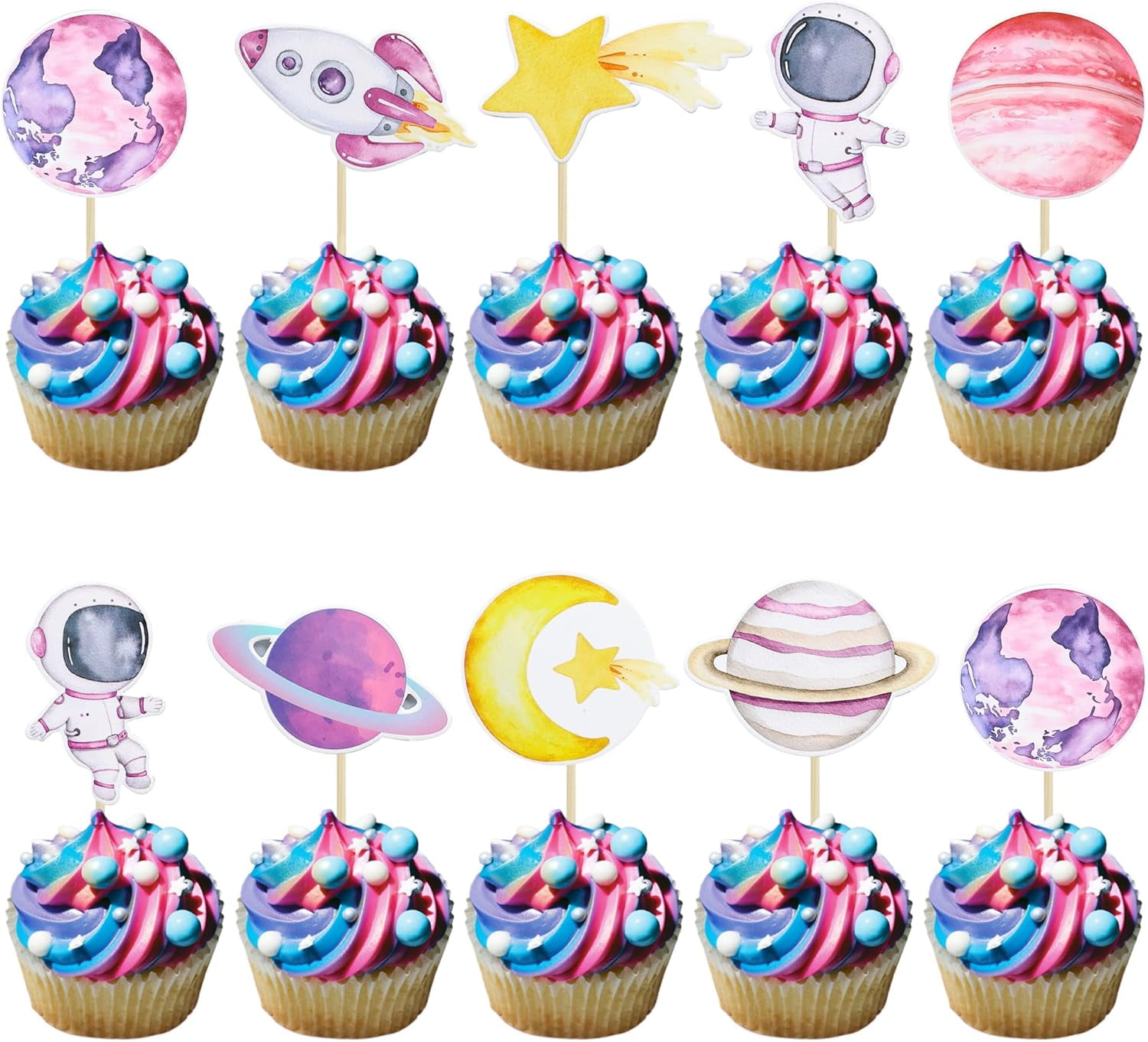 36Pcs Space Astronaut Cupcake Toppers Space Girl Moon Star Rocket ...