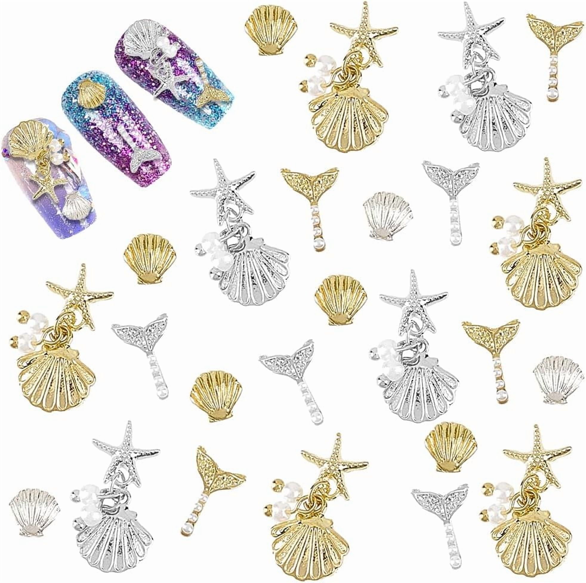 36Pcs Summer Beach Nail Art Charms Alloy Silver Gold Rhinestones Nails Fish Tail Conch Pearl ...