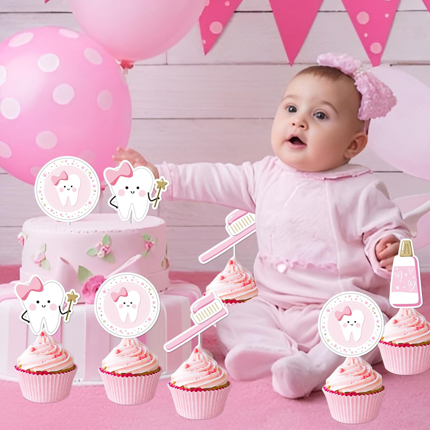 36Pcs Tooth Cupcake AJH3 Toppers Pink First Tooth Cake Dental Themed ...
