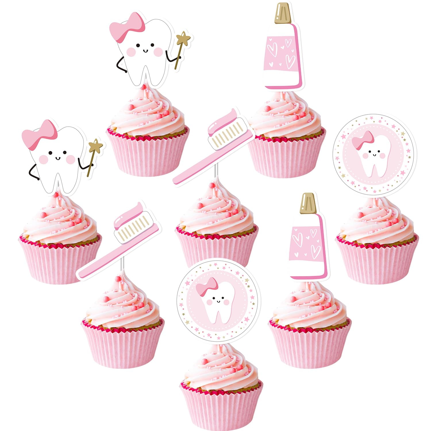 36Pcs Tooth Cupcake Toppers Pink First Tooth H2FSDCake Dental Themed ...